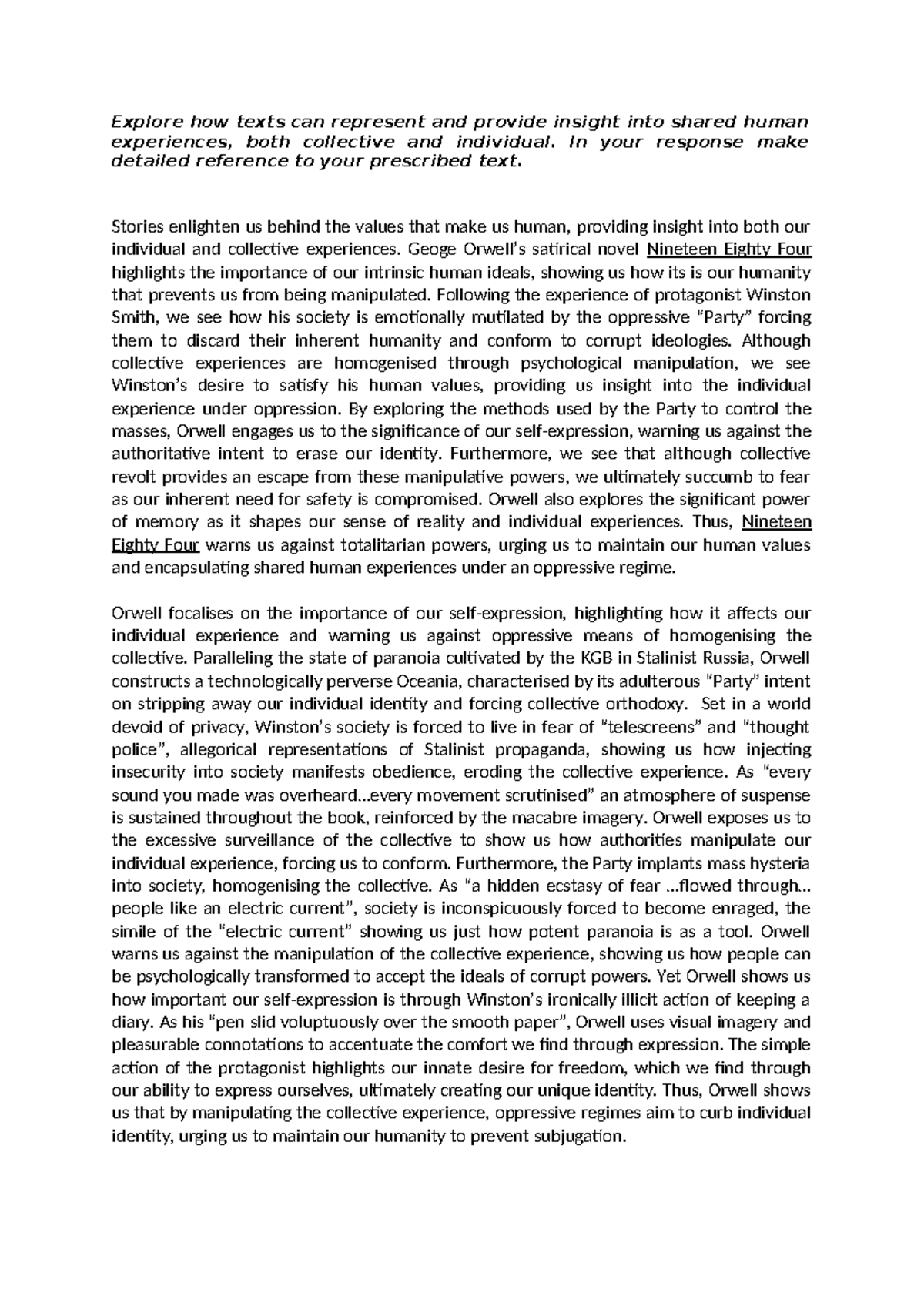 1984 timed (kinda) - Practice Essay - Explore how texts can represent ...