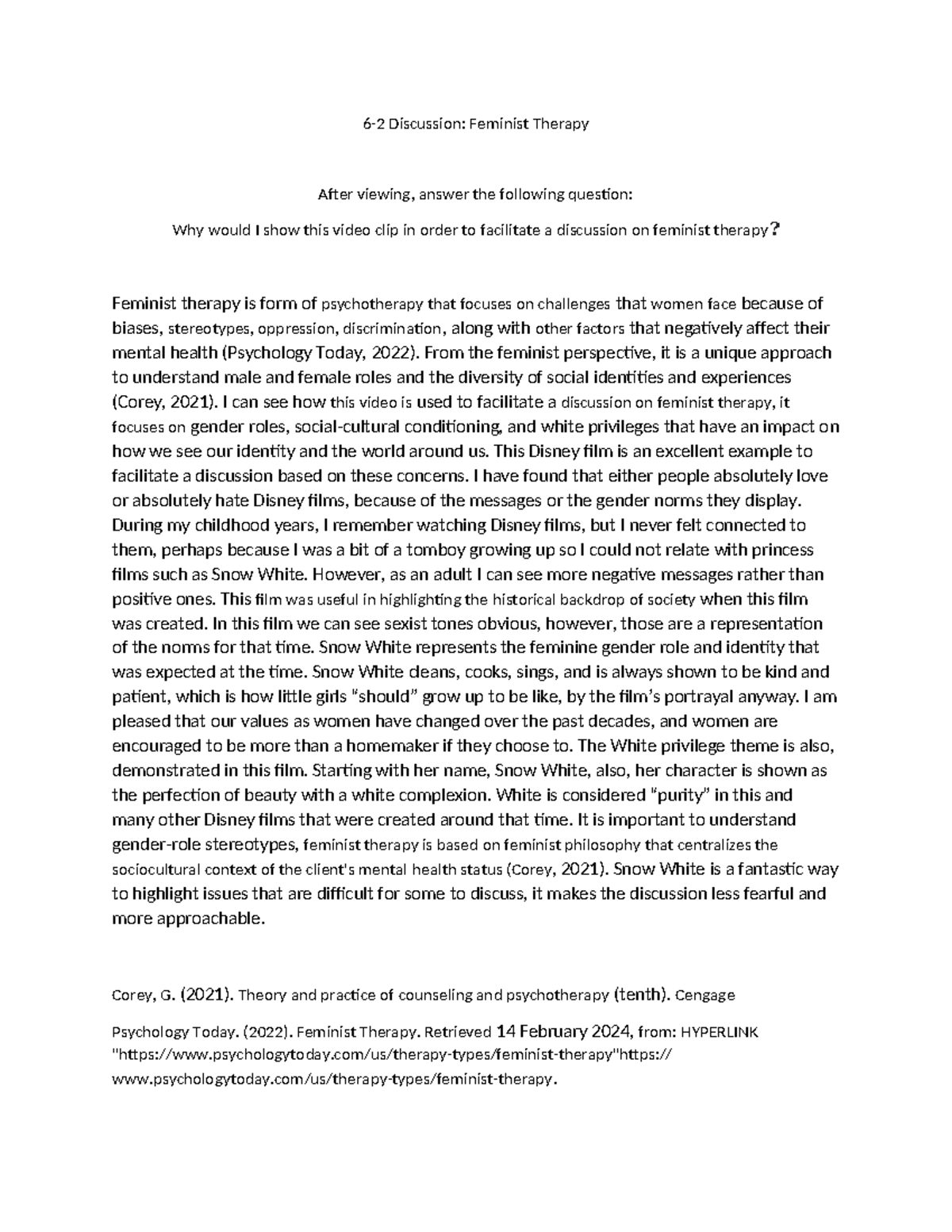 6-2 Discussion Feminist Therapy - 6-2 Discussion: Feminist Therapy ...