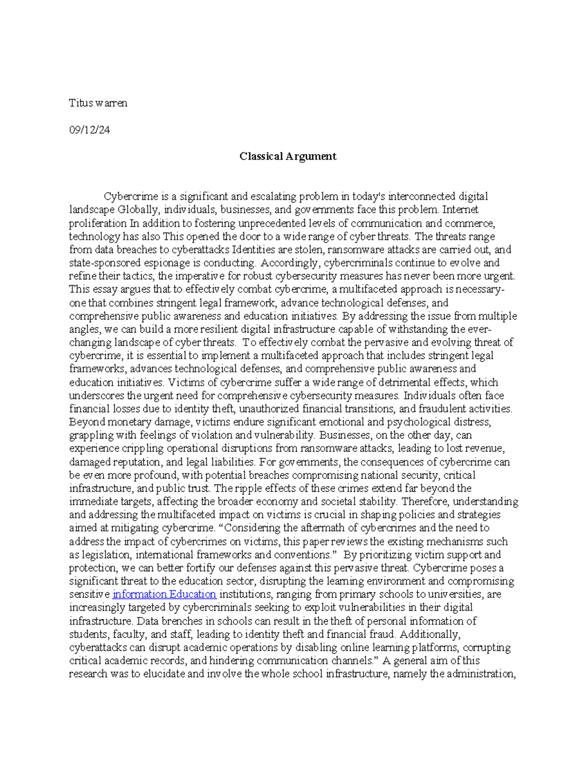 F - work for 101 - Titus warren 09/12/ Classical Argument Cybercrime is ...