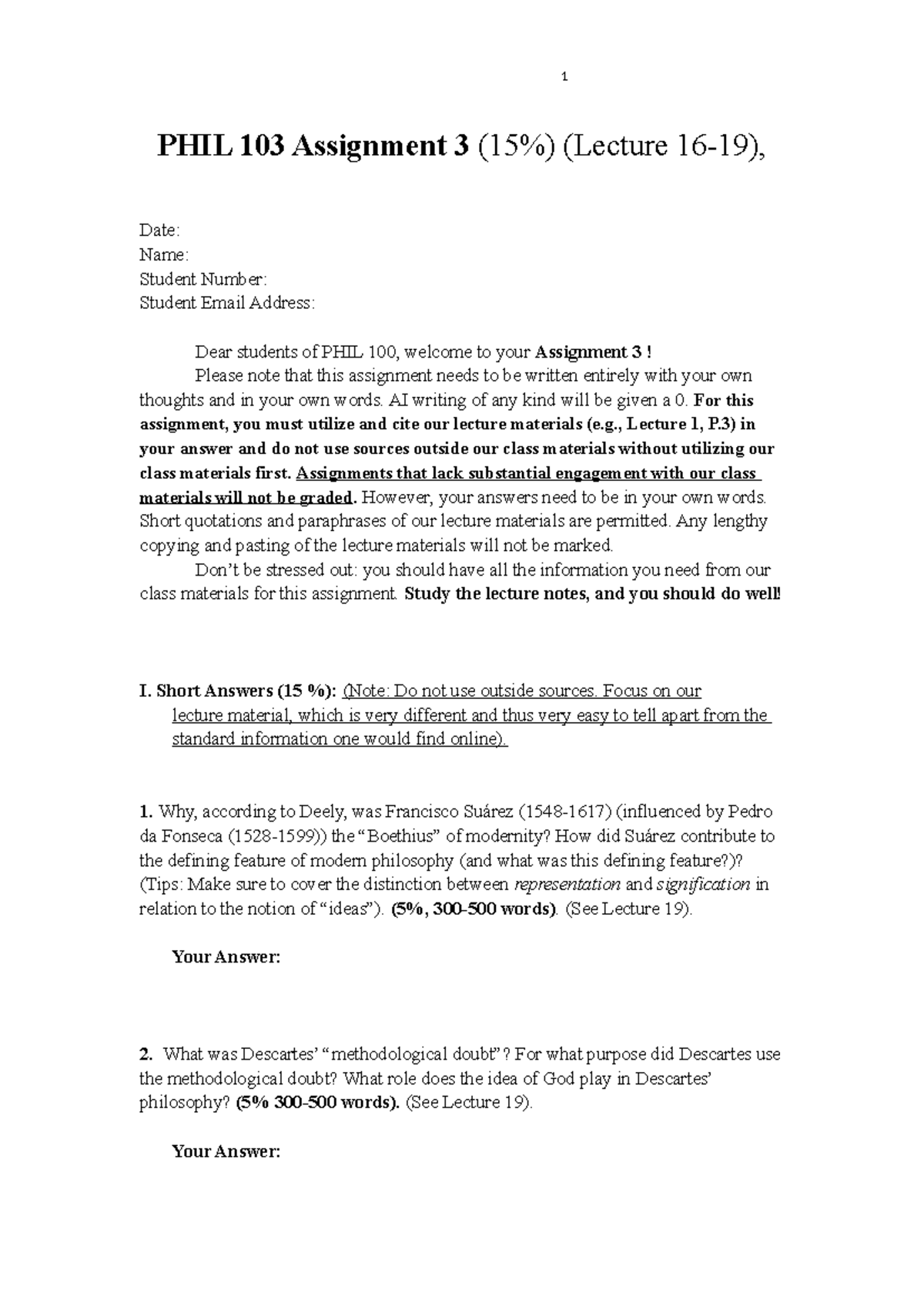 3. PHIL 103 Assignment 3 Lectures 16-19 Worksheet - 1 PHIL 103 Assignment 3 (15%) (Lecture 16-19 ...