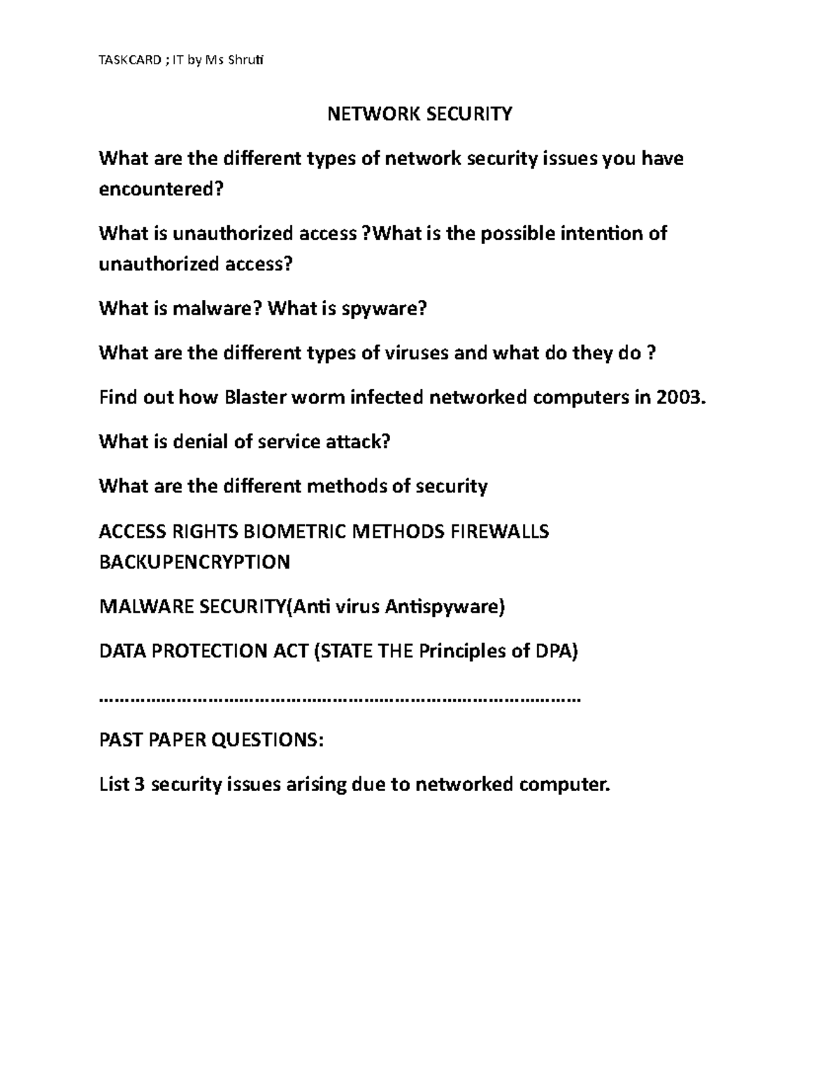 Network Securityrk security questions - TASKCARD ; IT by Ms Shruti ...
