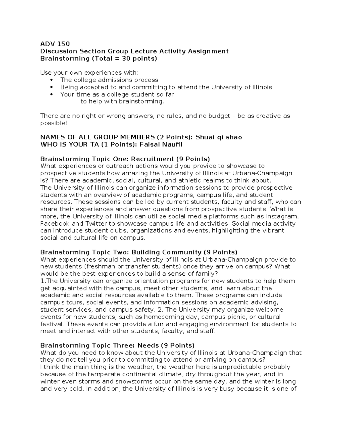 ADV 150 Brainstorming Week8 - ADV 150 Discussion Section Group Lecture ...