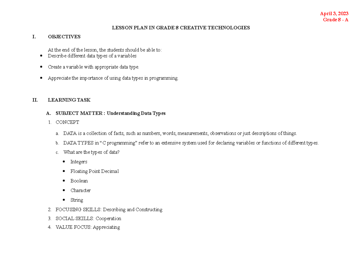 LP in Variables and data Types A4 size - LESSON PLAN IN GRADE 8 ...