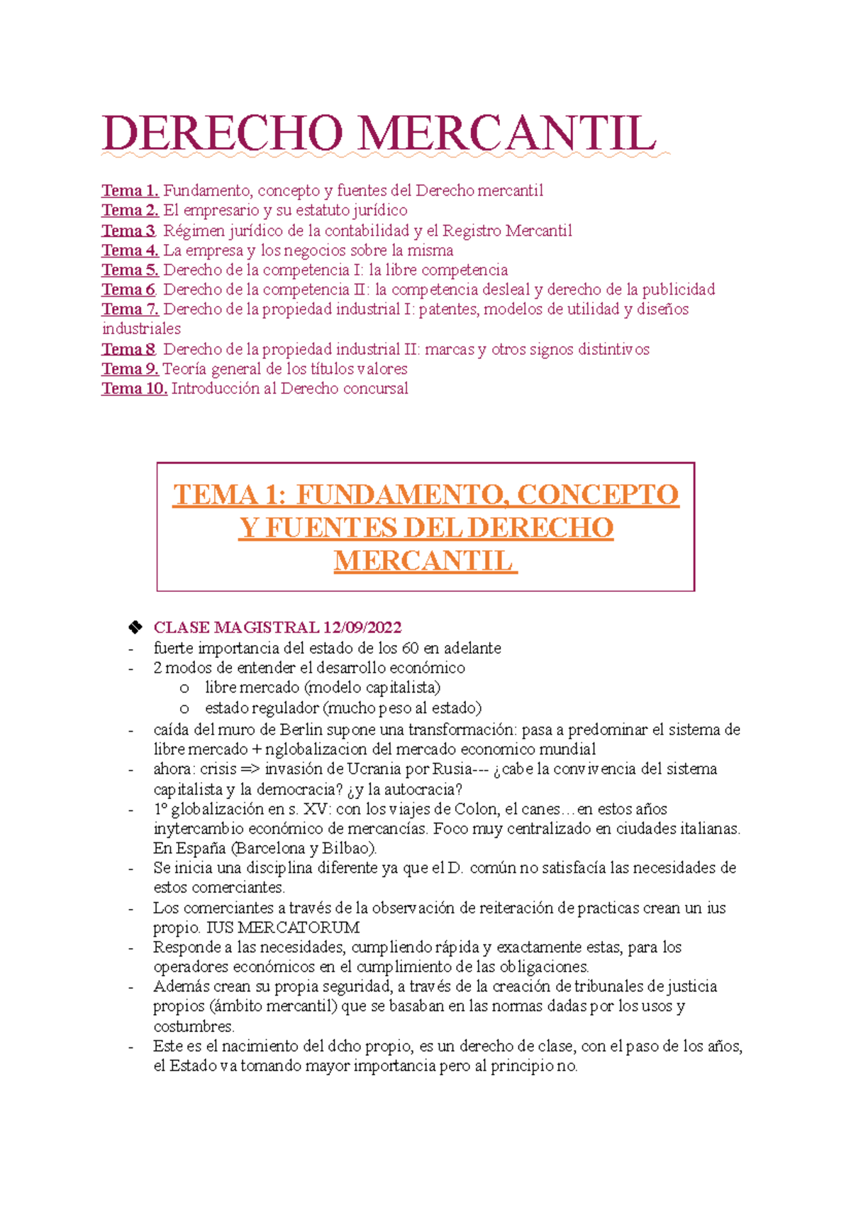 Derecho Mercantil - DERECHO MERCANTIL Tema 1. Fundamento, concepto y ...