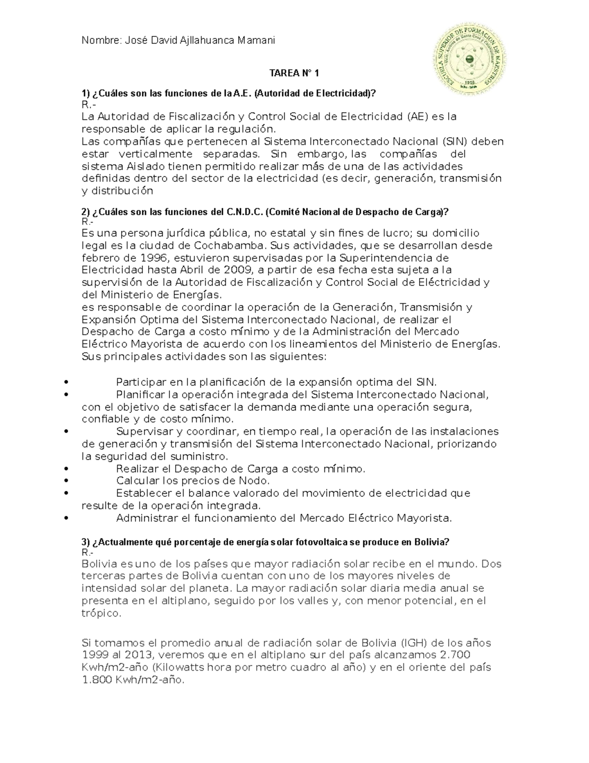 Tarea N - buebo - Nombre: José David Ajllahuanca Mamani TAREA N° 1 ...