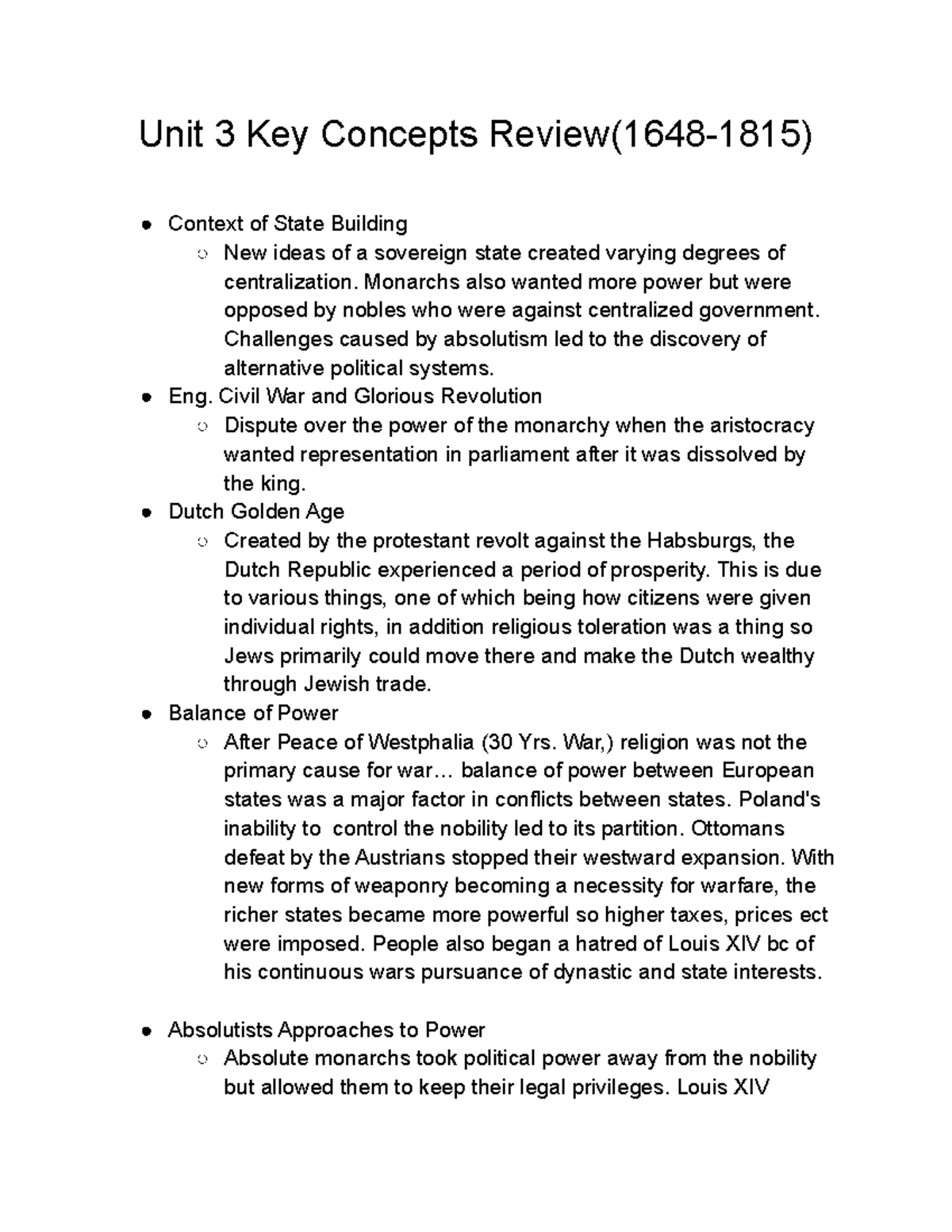 Unit 3 Key Concepts Review(1648-1815) - Monarchs also wanted more power ...