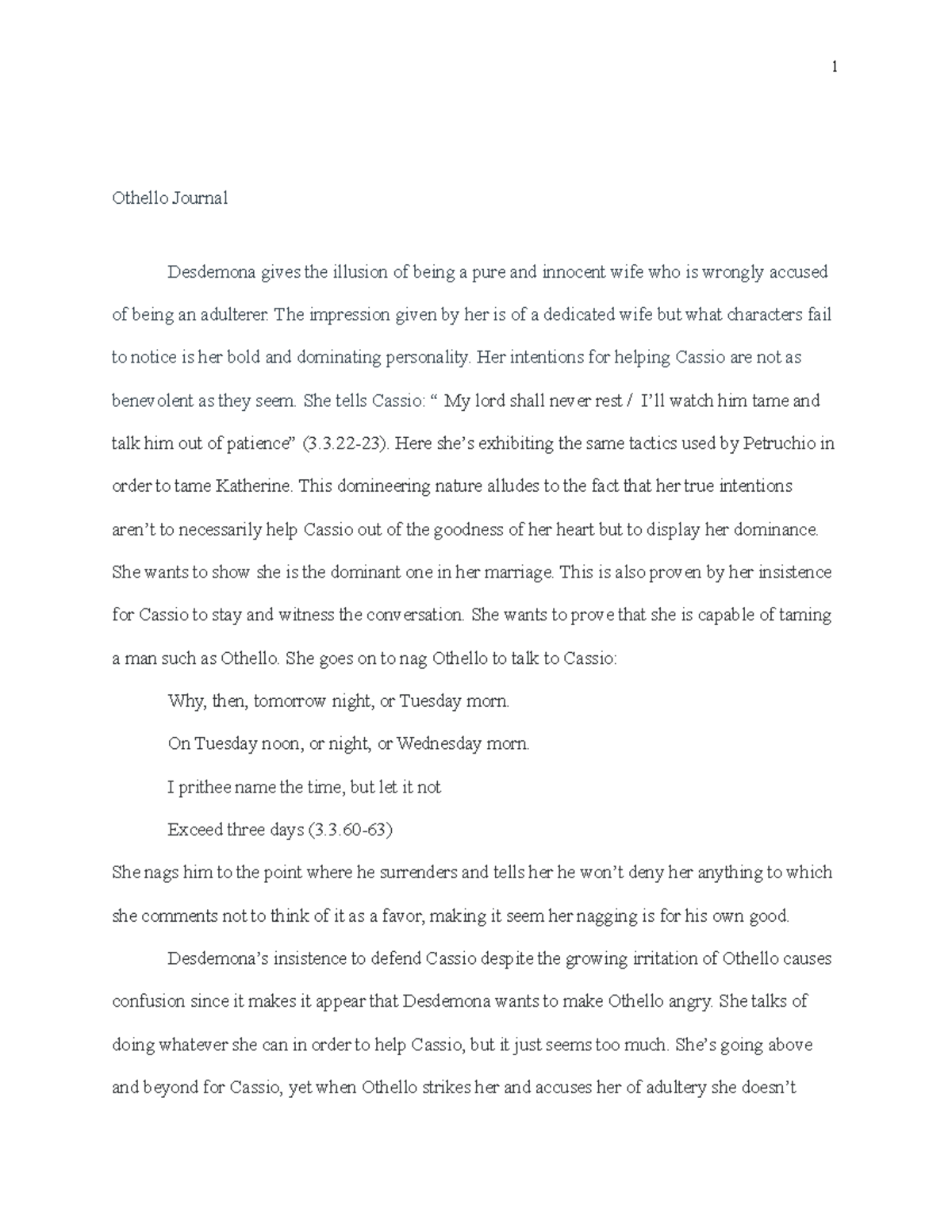 Othello Journal - Analysis of Desdemona and Emilia - 1 Othello Journal ...