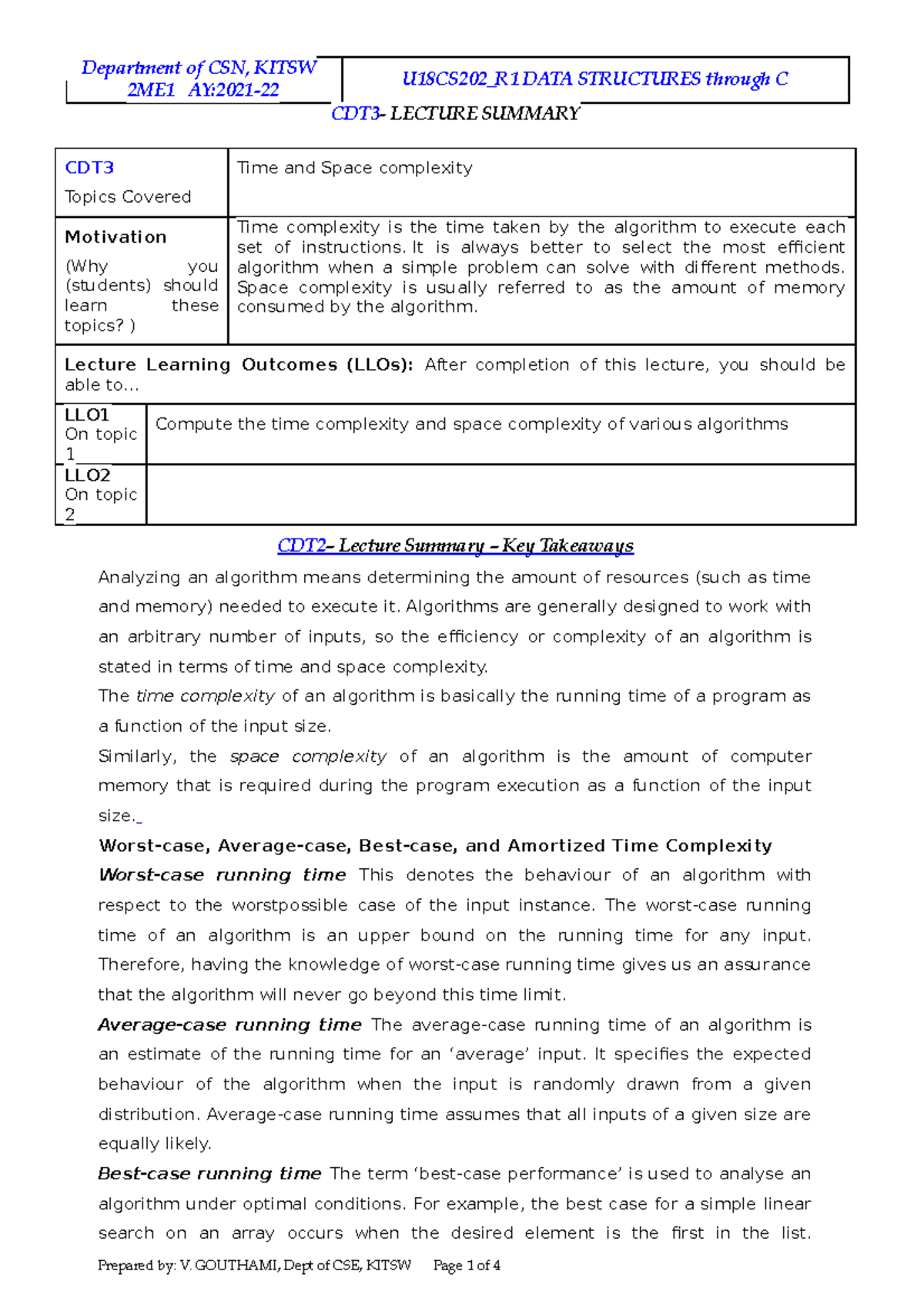 DS 3 Summary - Notes for DS - 2ME1 AY:2021-22 U18CS202_R1 DATA ...
