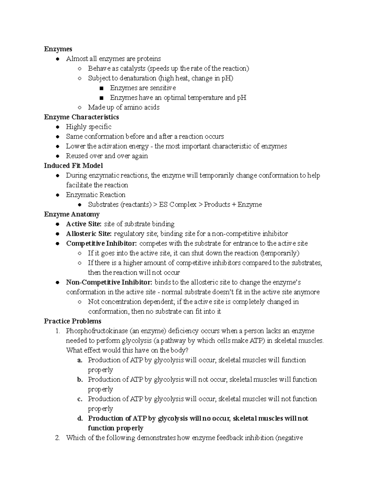Enzymes Lecture - Notes and practice problems from class - Enzymes ...