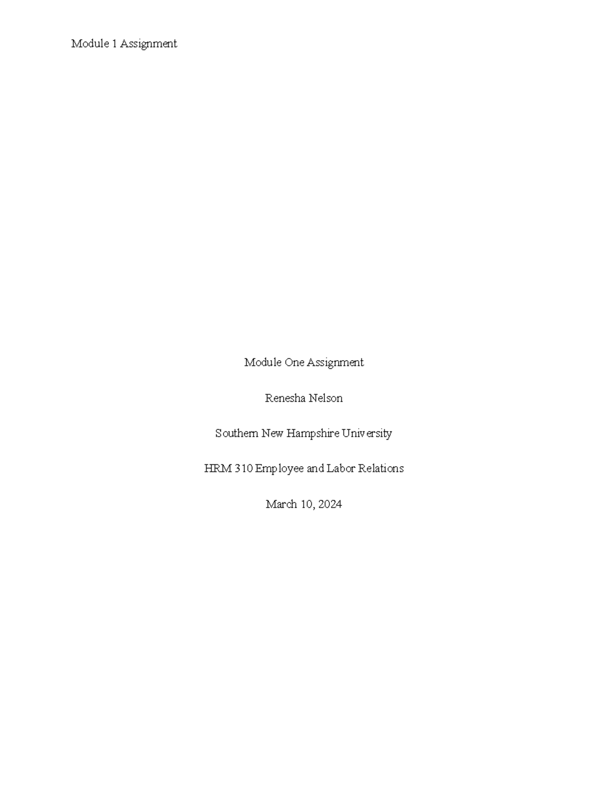 HRM 310 Module 1 Assignment - Module One Assignment Renesha Nelson ...
