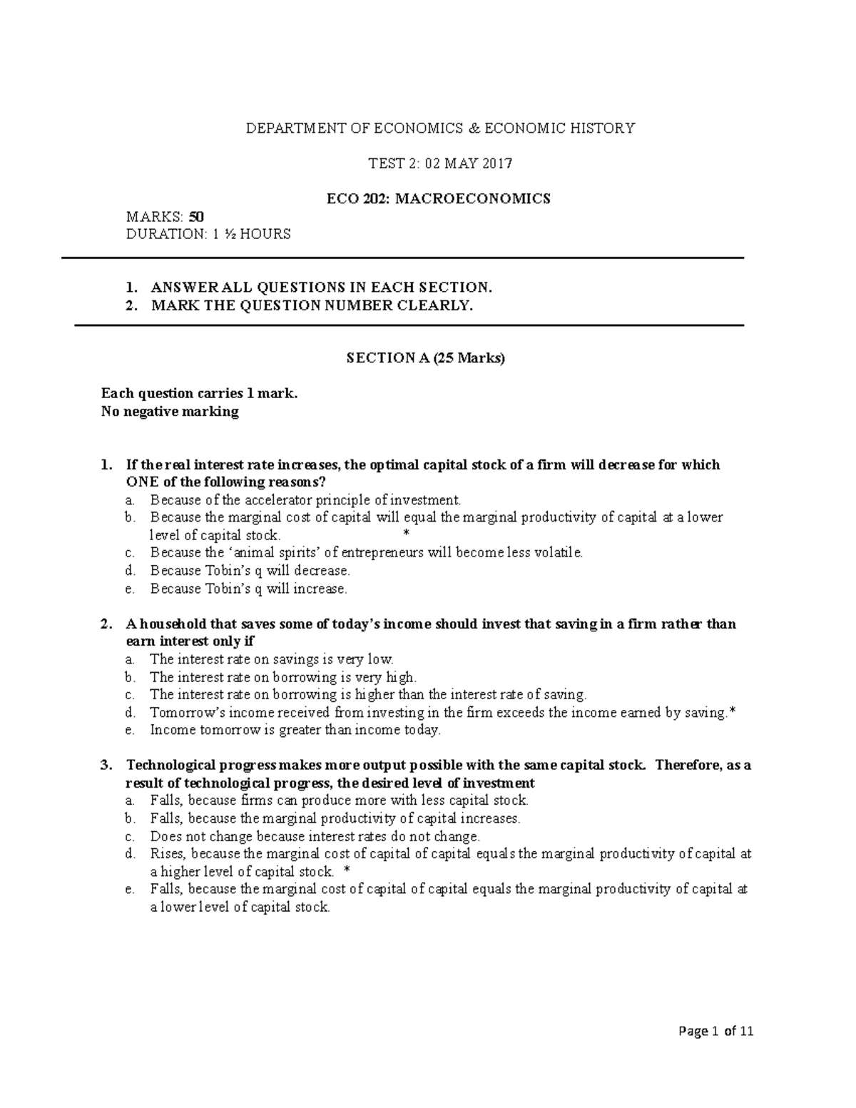 Economics Test 2 - DEPARTMENT OF ECONOMICS & ECONOMIC HISTORY TEST 2: ...