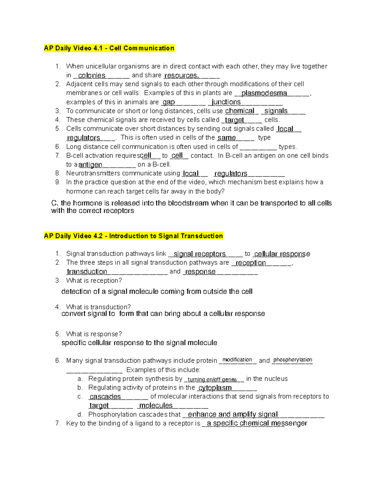 Unit 4 Guided Notes for AP Daily Videos.docx - AP Daily Video 4 - Cell ...