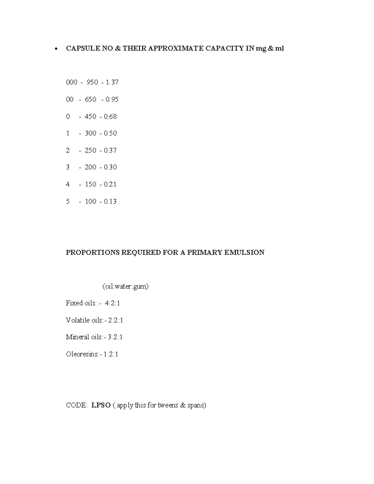 GPAT-Handy notes - Gpat - CAPSULE NO & THEIR APPROXIMATE CAPACITY IN mg ...