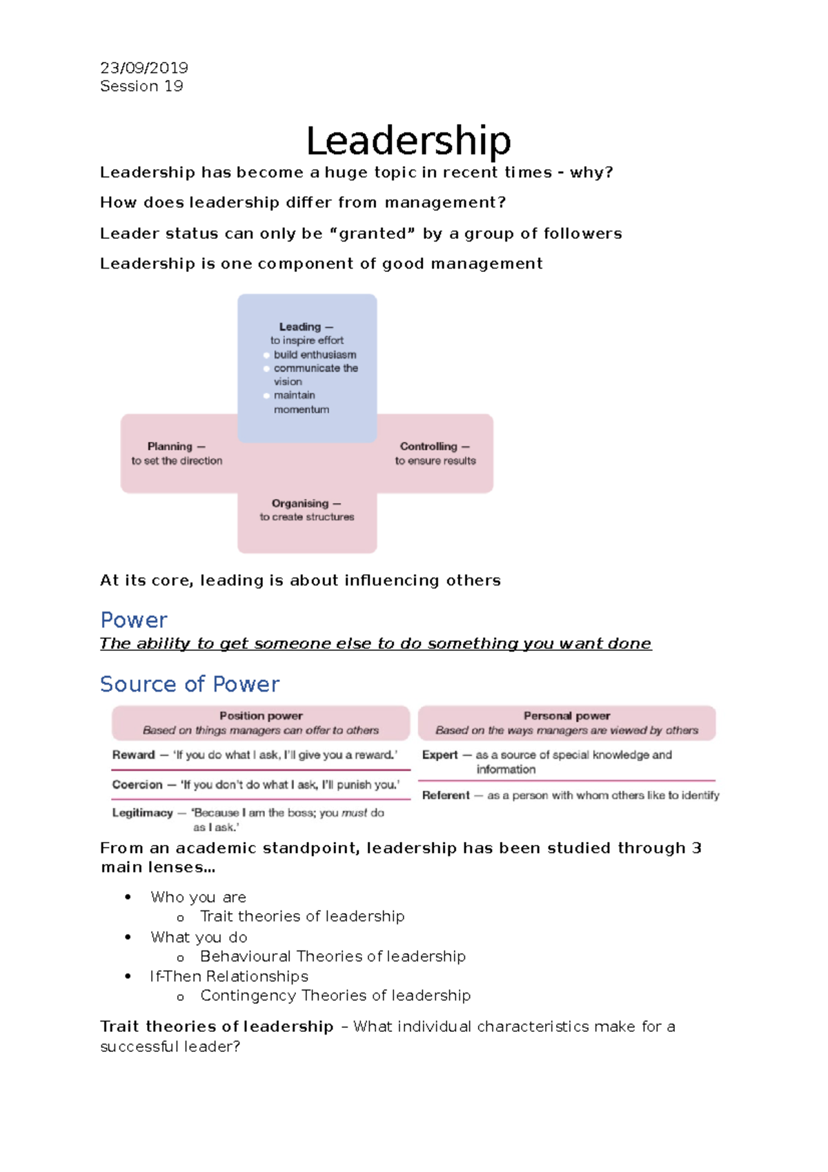 Session 19 Leadership - Lecture notes 19 - Session 19 Leadership ...
