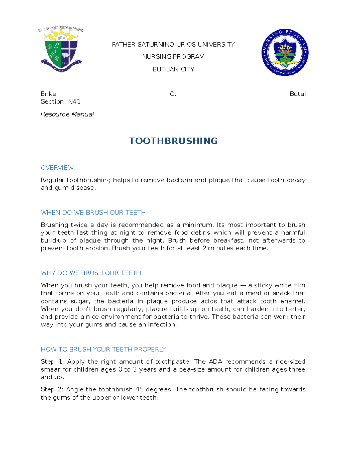 Rm-toothbrushing - Toothbrushing - FATHER SATURNINO URIOS UNIVERSITY ...