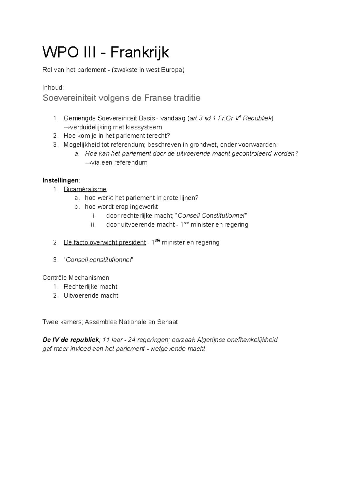 WPO Frankrijk - WPO III - Frankrijk Rol van het parlement - (zwakste in ...