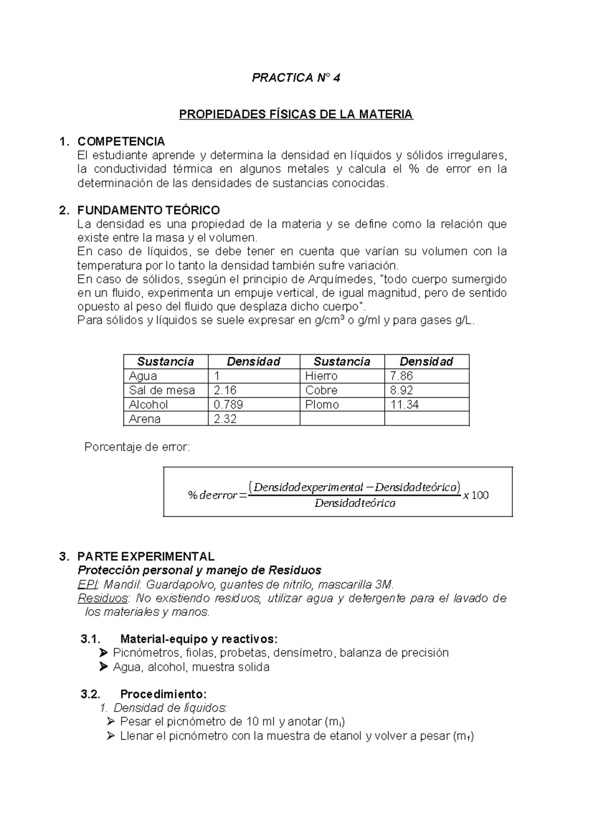 Practica 4 - UAC - PRACTICA N° 4 PROPIEDADES FÍSICAS DE LA MATERIA 1. COMPETENCIA El estudiante ...