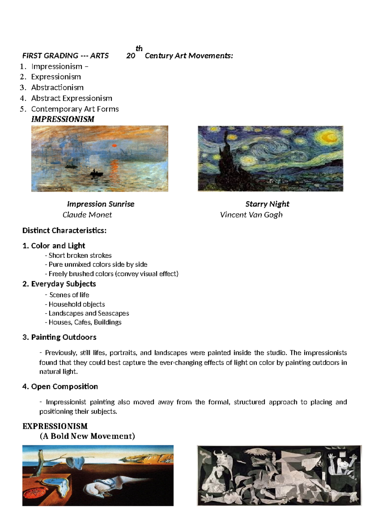 Lecture-in-arts-1st-grading - FIRST GRADING - ARTS 20 th Century Art ...