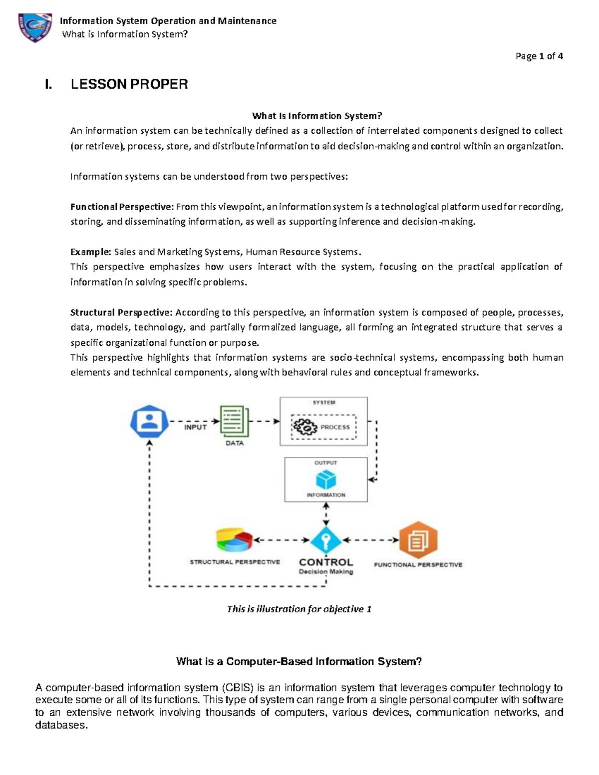Module 1. Lesson Proper - What is Information System? Page 1 of 4 I ...