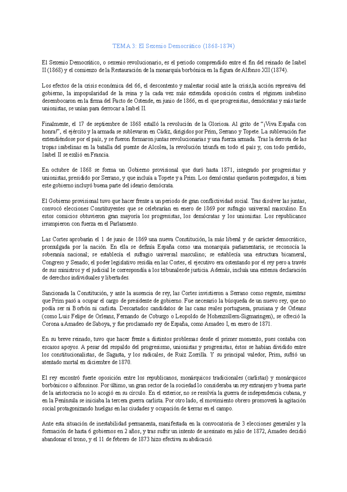 TEMA 3 El Sexenio Democrático (1868-1874) - Los efectos de la crisis económica del 66, el - Studocu