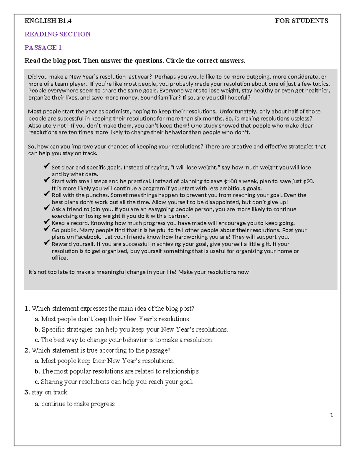 Reading B1.4 FOR Students - ENGLISH B1 FOR STUDENTS READING SECTION ...