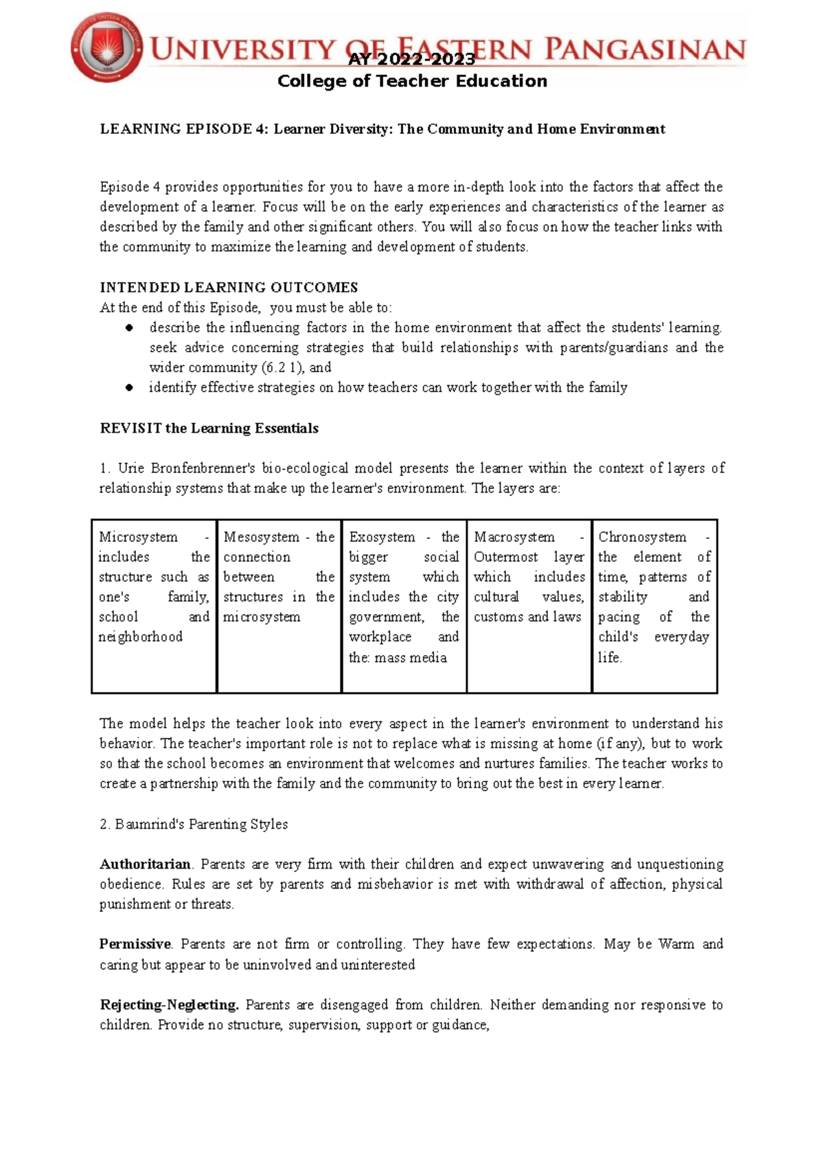 FS1- Learning Episode 4 - College of Teacher Education LEARNING EPISODE ...