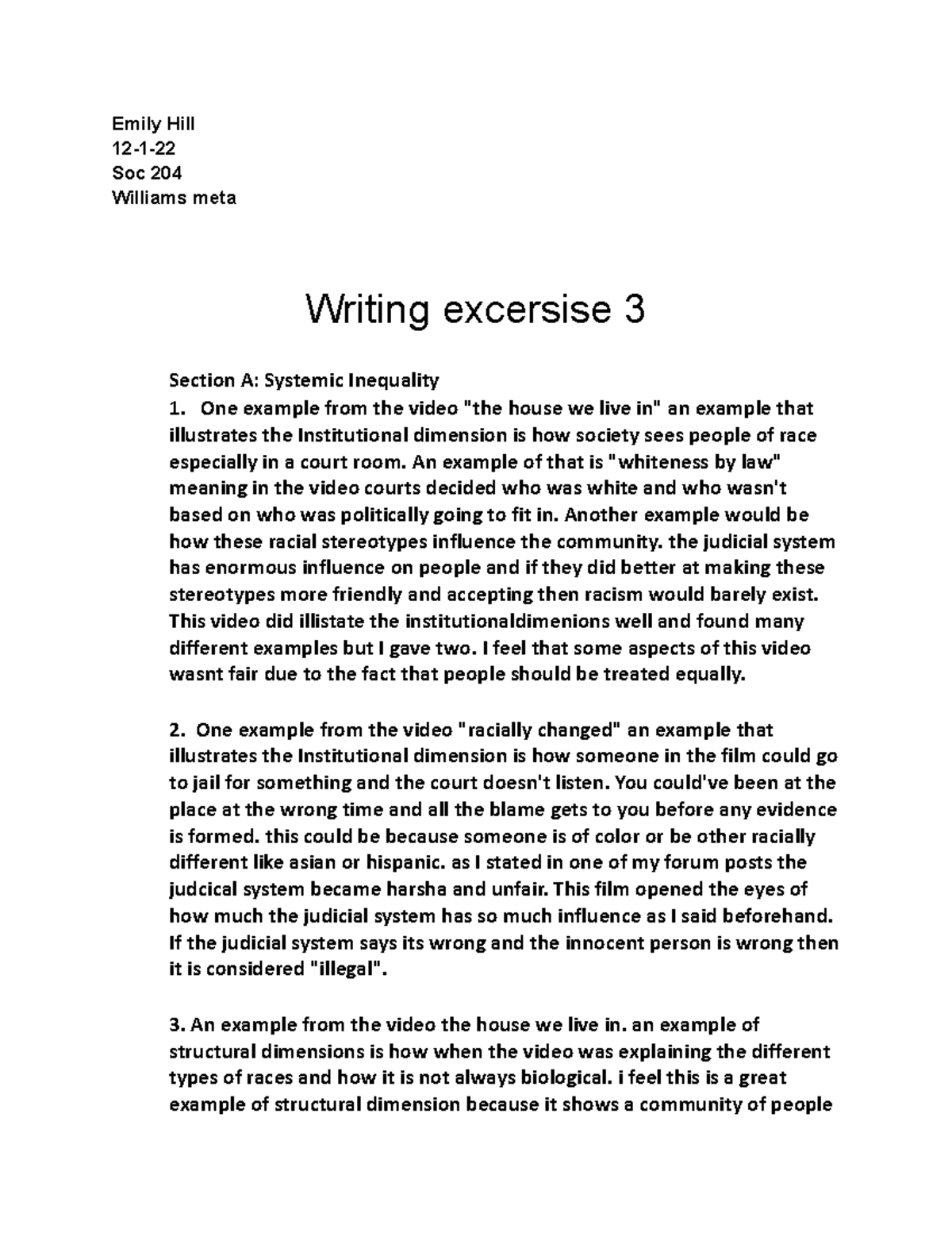 Writing excersise 3 - Emily Hill 12-1- Soc 204 Williams meta Writing ...