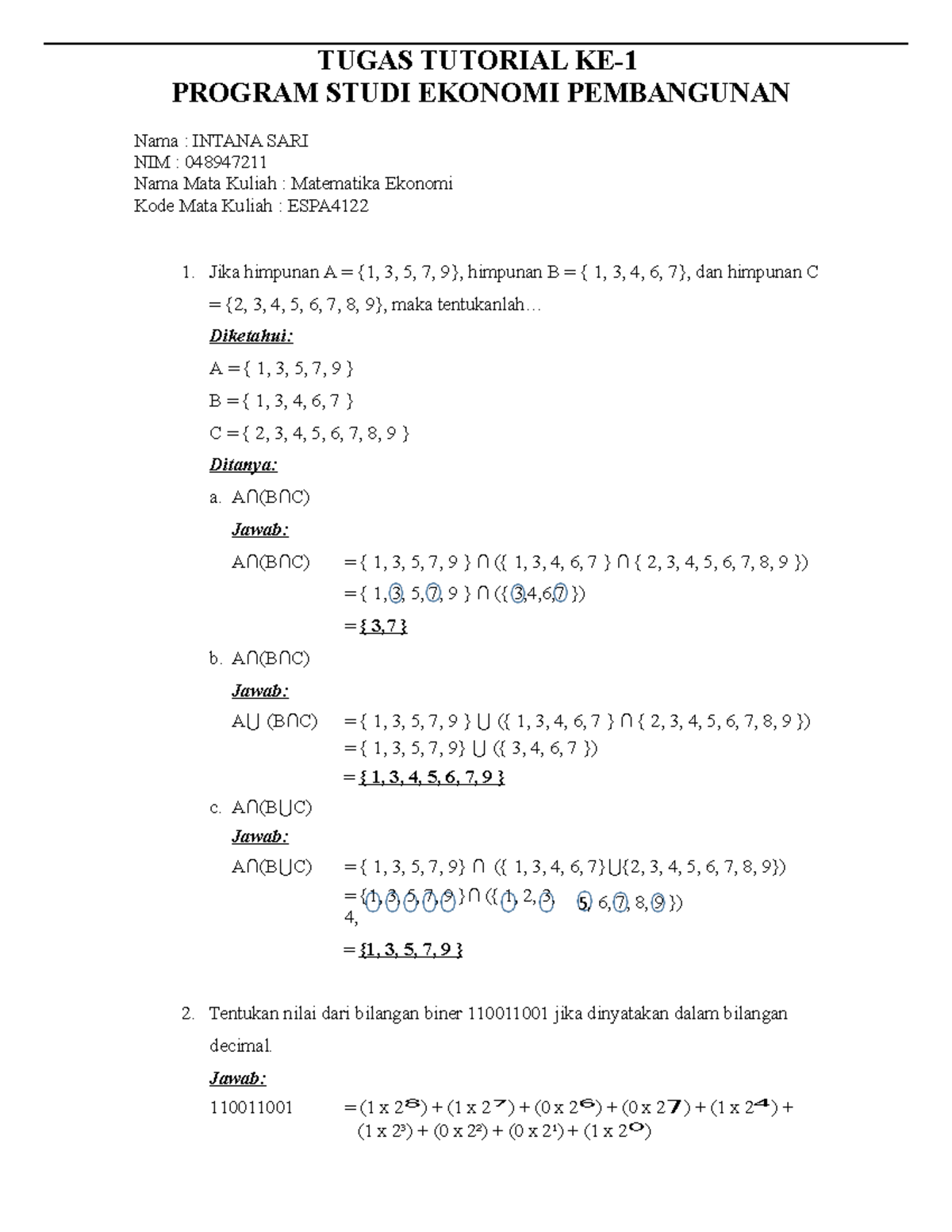 048947211 Intana SARI Tugas 1 Matematika Ekonomi - TUGAS TUTORIAL KE- PROGRAM STUDI EKONOMI ...