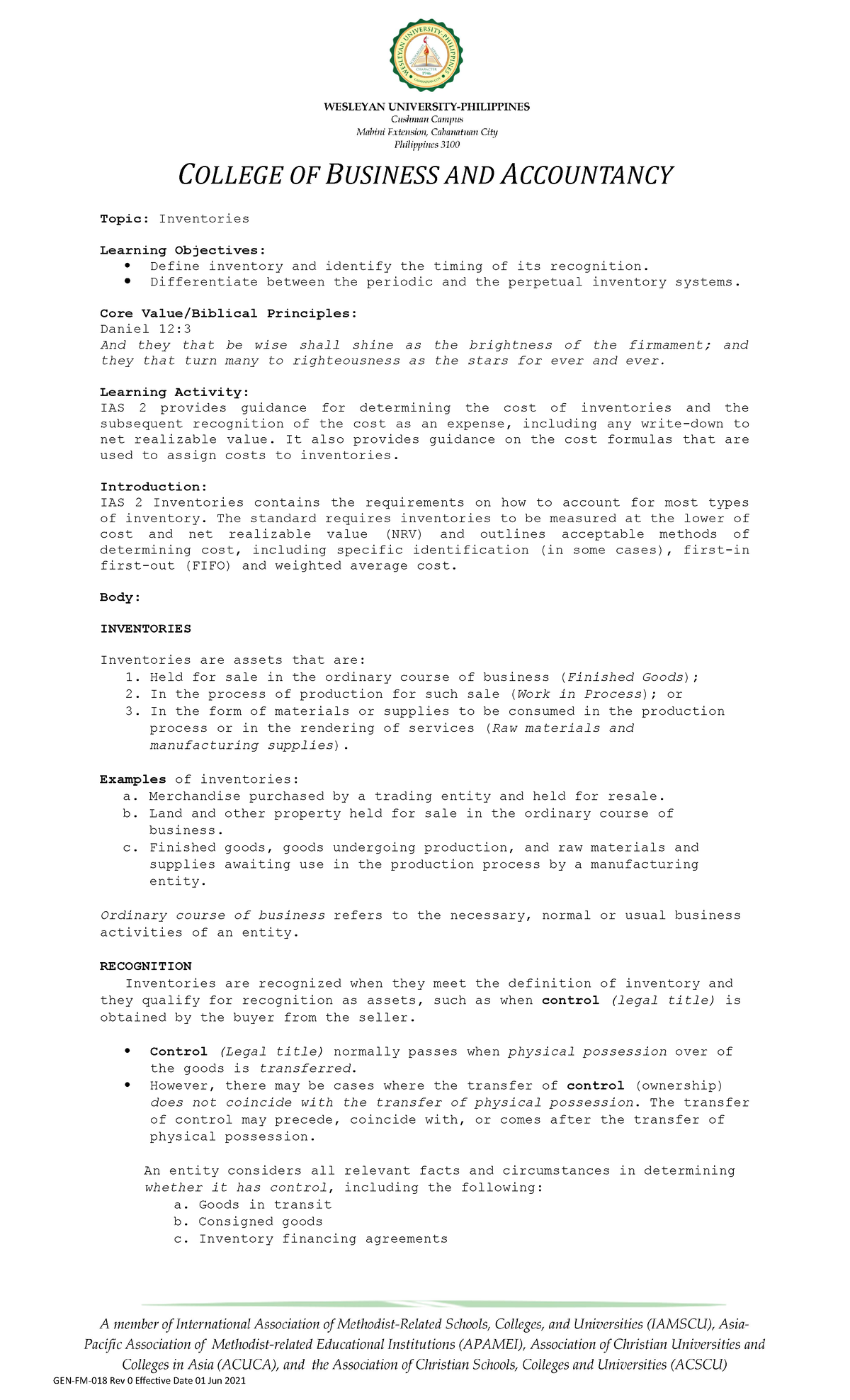 Module 3a - Inventories (1) - Topic: Inventories Learning Objectives ...