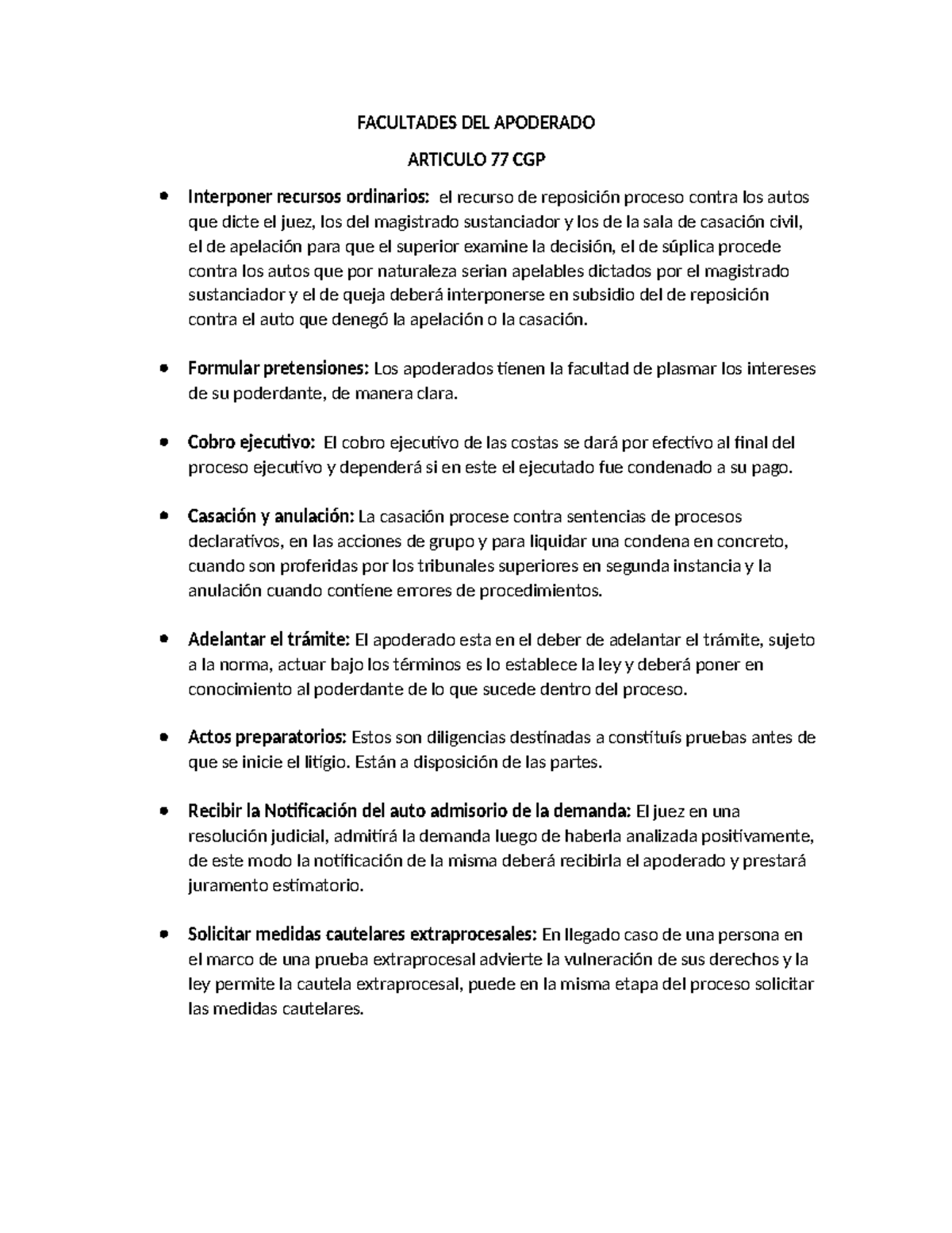 Facultades DEL Apoderado - FACULTADES DEL APODERADO ARTICULO 77 CGP ...