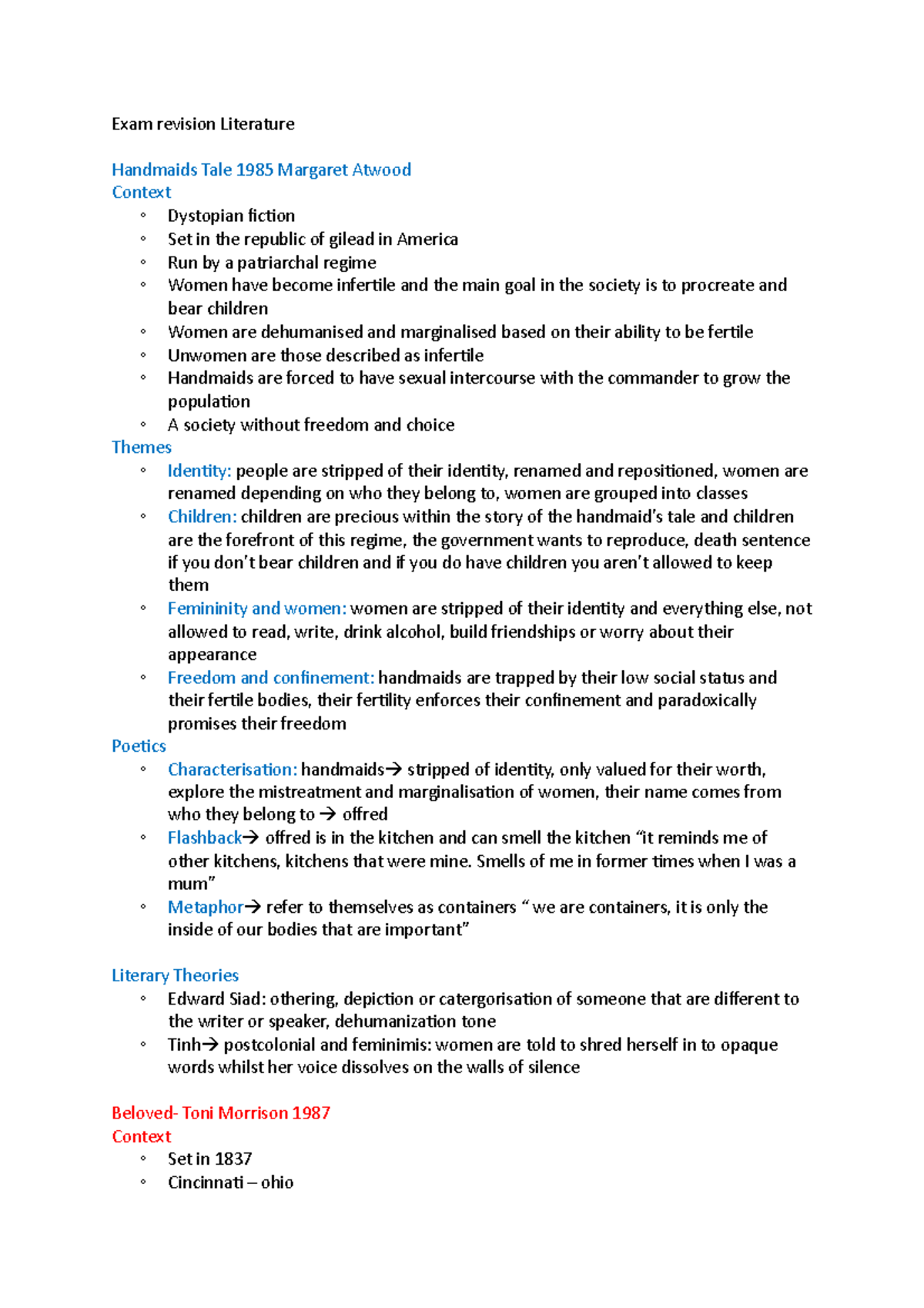Exam revision Literature - Exam revision Literature Handmaids Tale 1985 ...