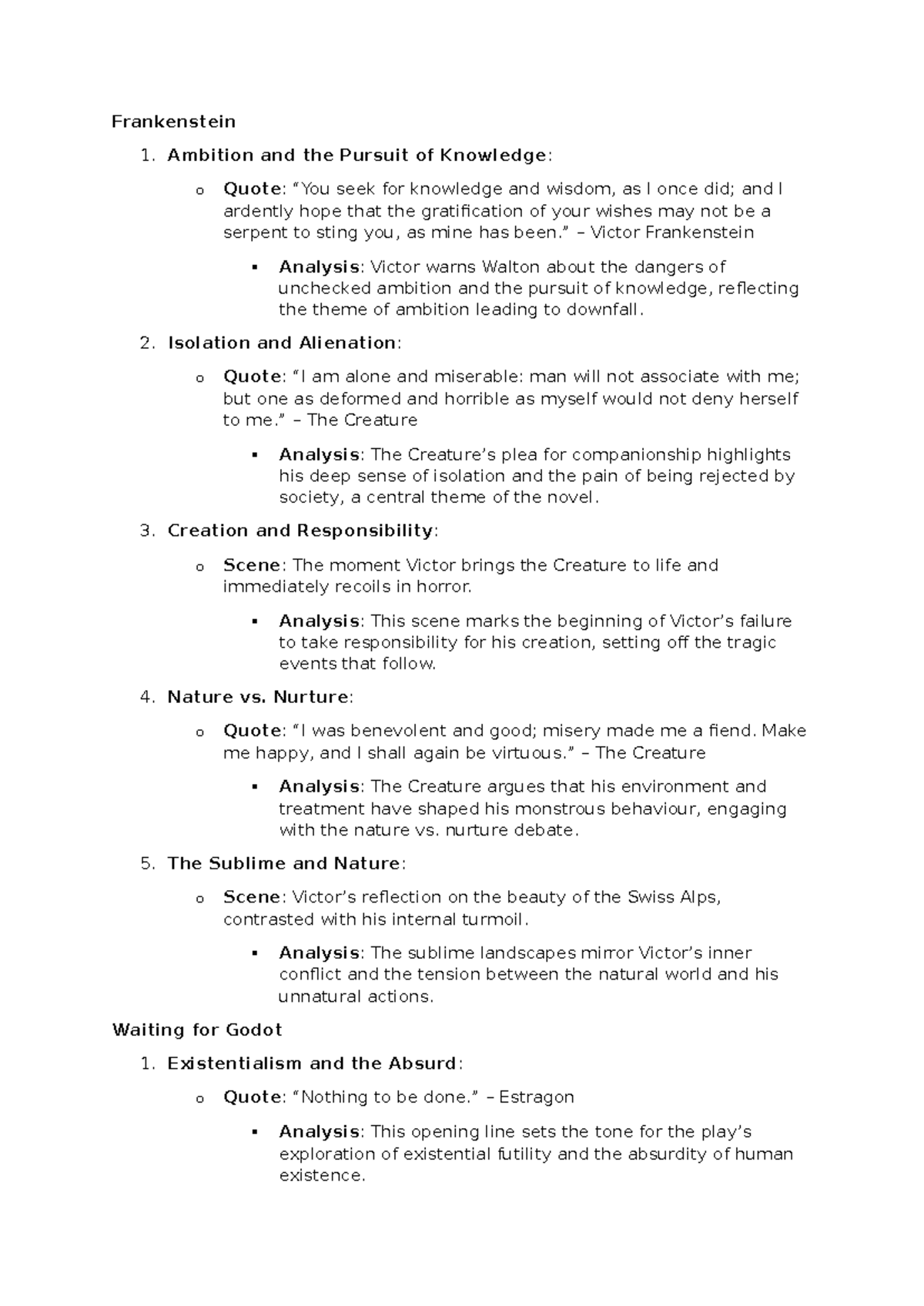 Key scenes and quotes - notes - Frankenstein 1. Ambition and the ...