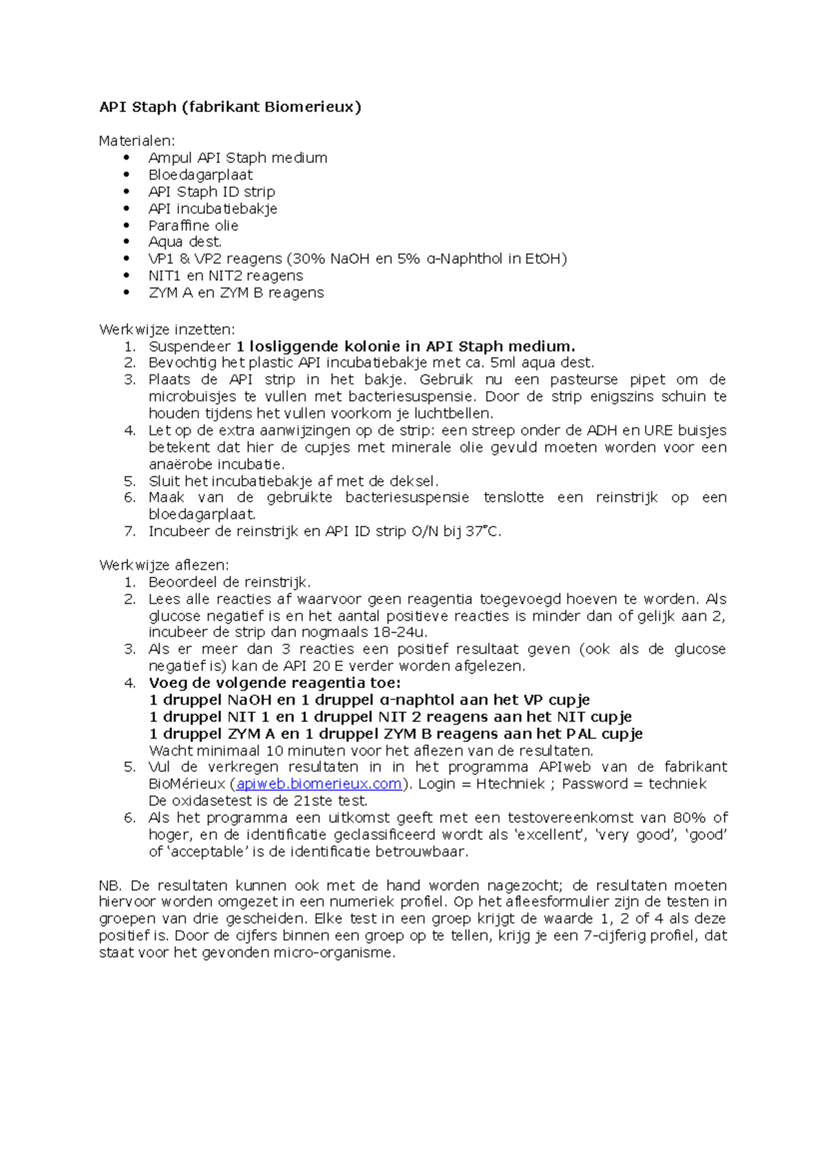 B03MIO Protocol API Staph - API Staph (fabrikant Biomerieux) Materialen ...