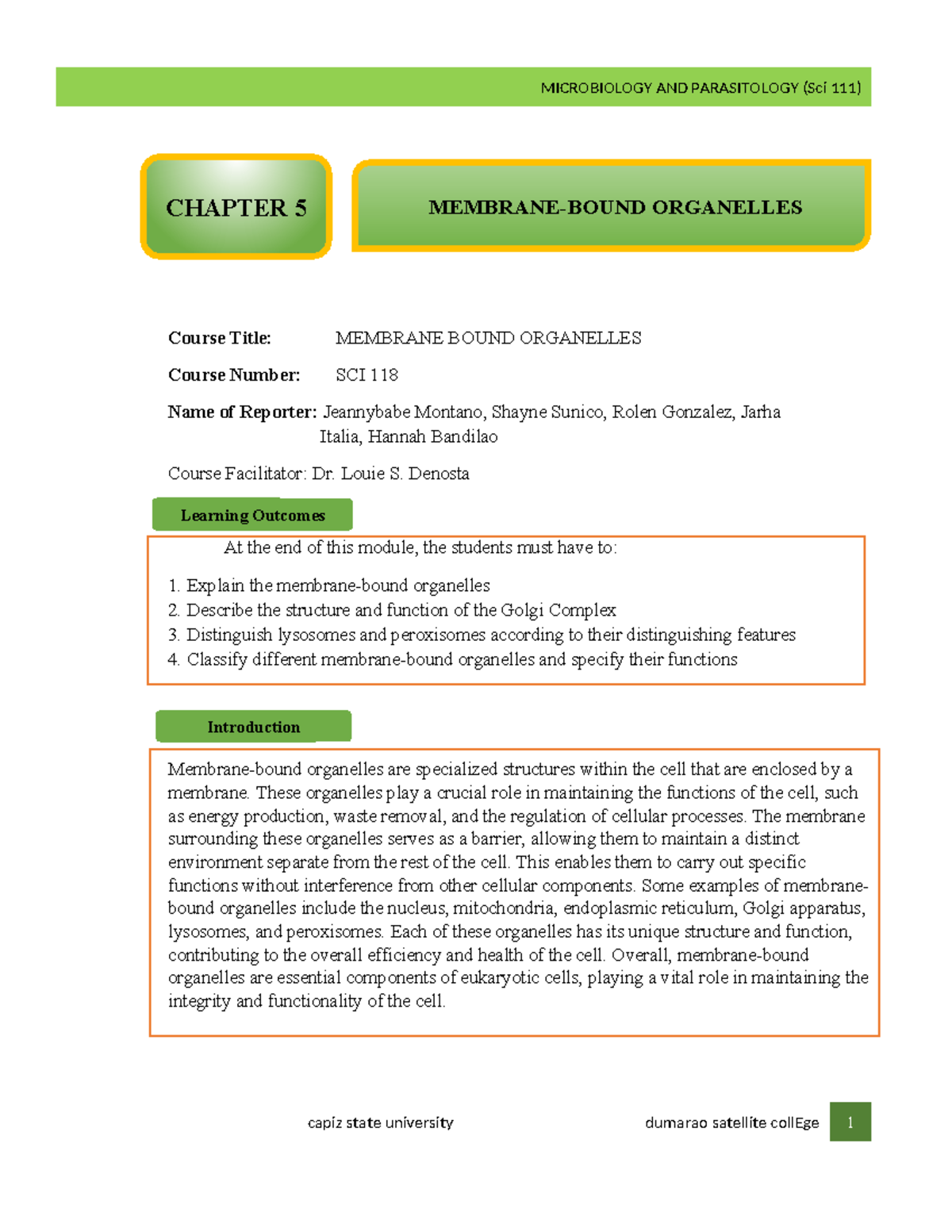 Chapter 5-Membrane Bound Organelles - CHAPTER 5 MEMBRANE-BOUND ...