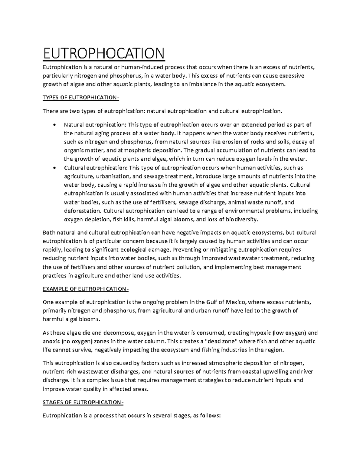 Eutrophocation - EUTROPHICATION - EUTROPHOCATION Eutrophication is a ...