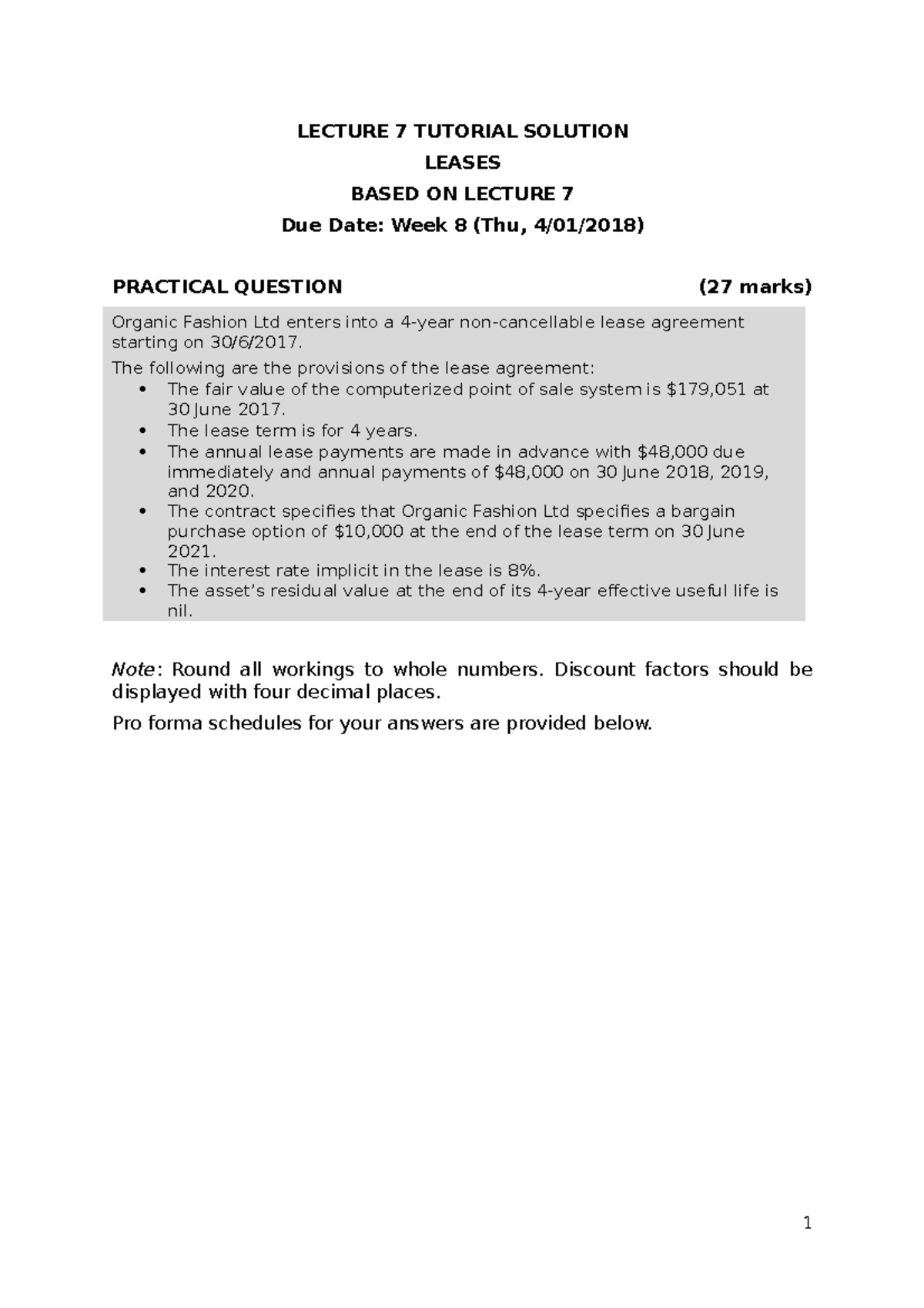 1703 Lecture 7 Leases Solution Lecture 7 Tutorial Solution Leases
