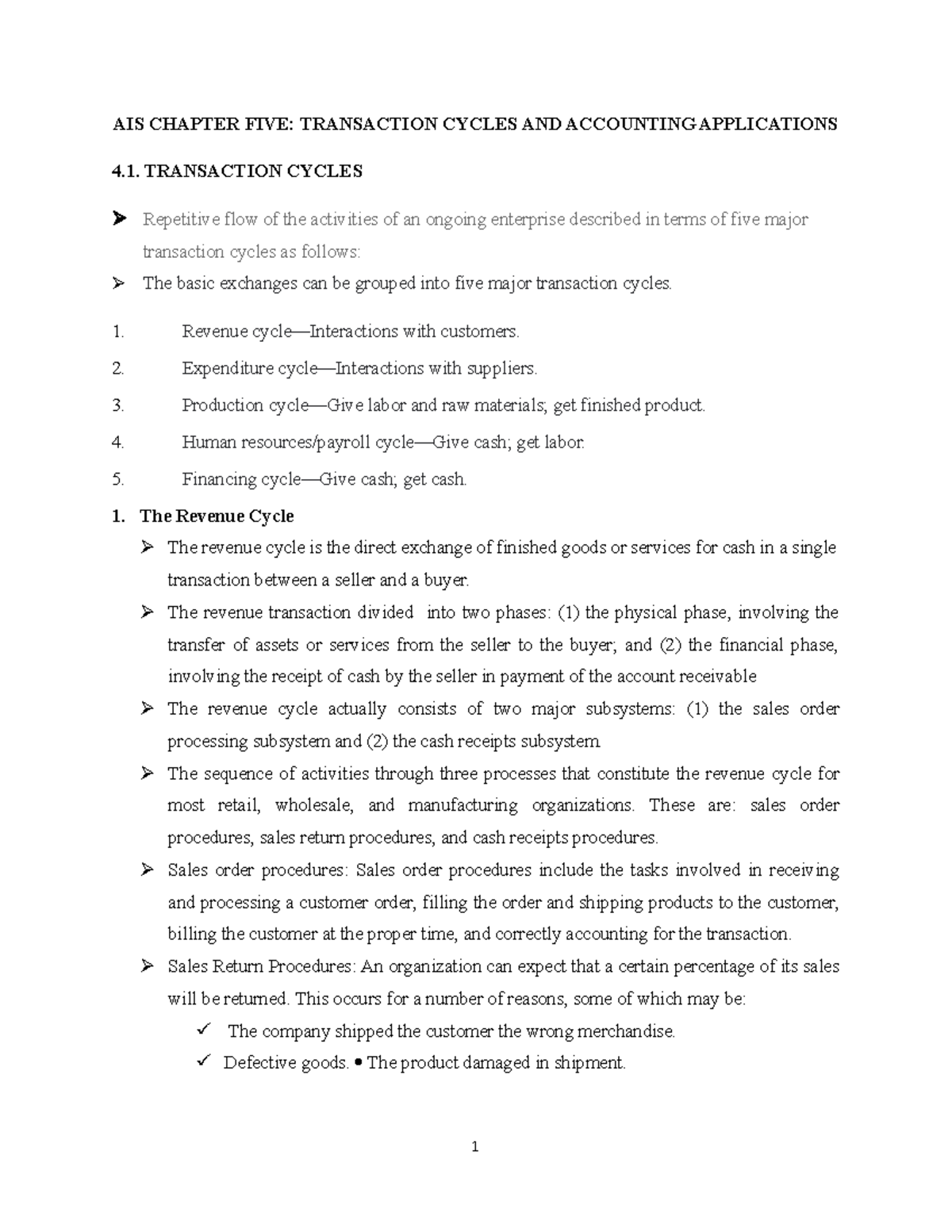 AIS Chapter Five - lecture note - AIS CHAPTER FIVE: TRANSACTION CYCLES ...