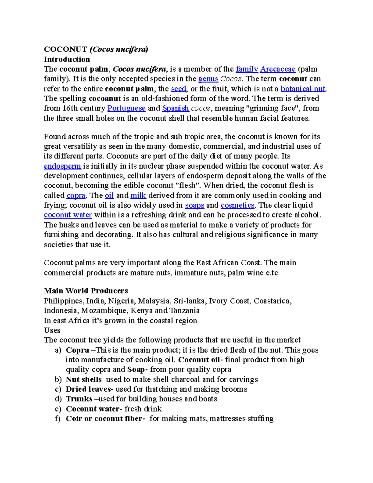 Coconut - lecture notes - COCONUT (Cocos nucifera) Introduction The ...