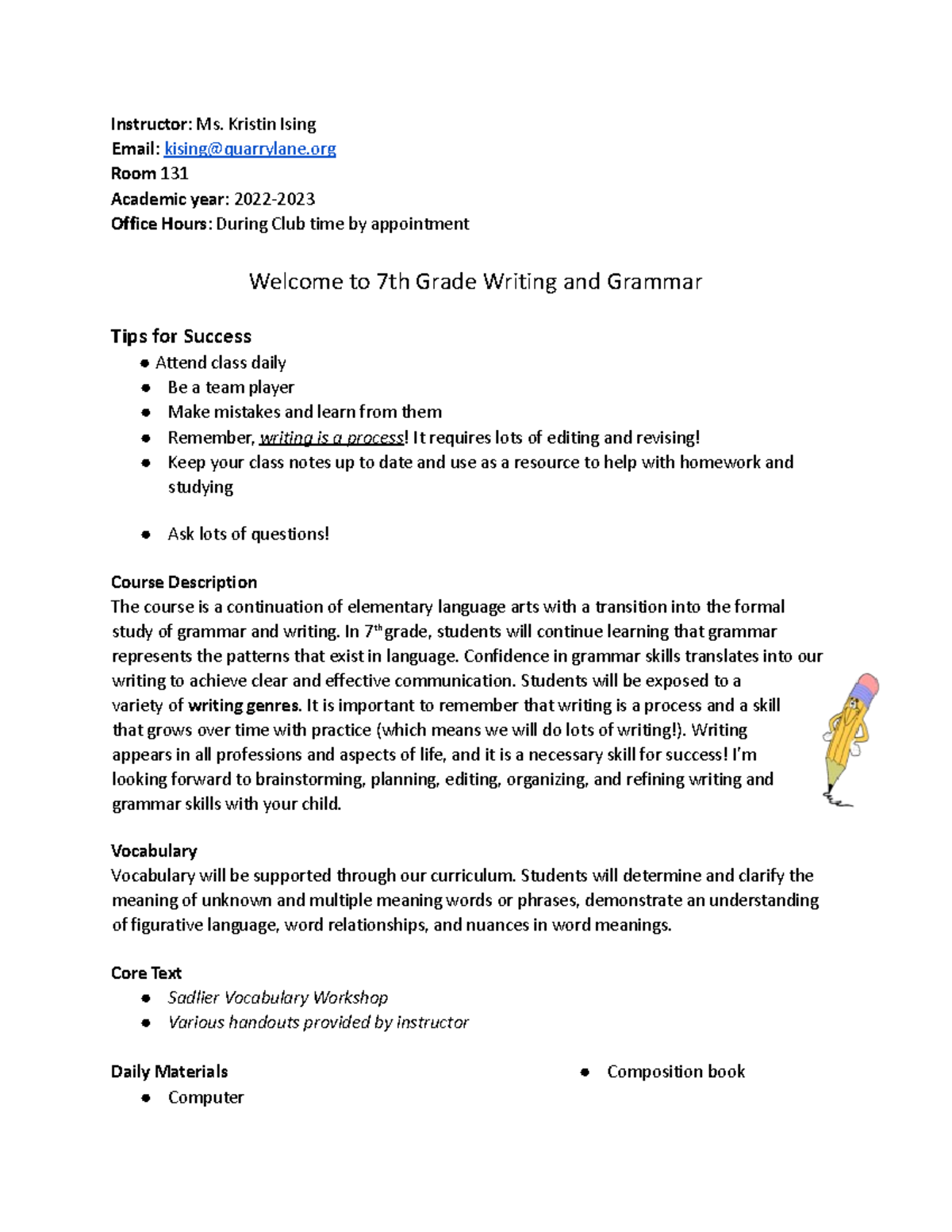 Course Syllabus-7th Grammar and Writing - Instructor: Ms. Kristin Ising ...