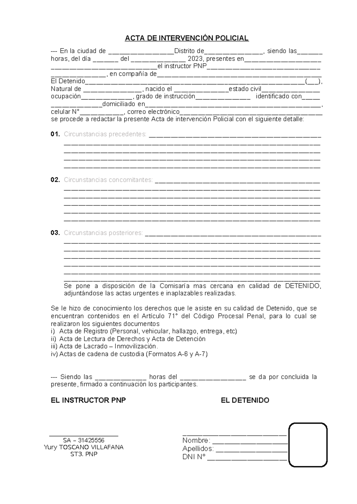 Actas en flagrante delito Legis.pe Yury Toscano - ACTA DE INTERVENCIÓN POLICIAL - En la ciudad ...
