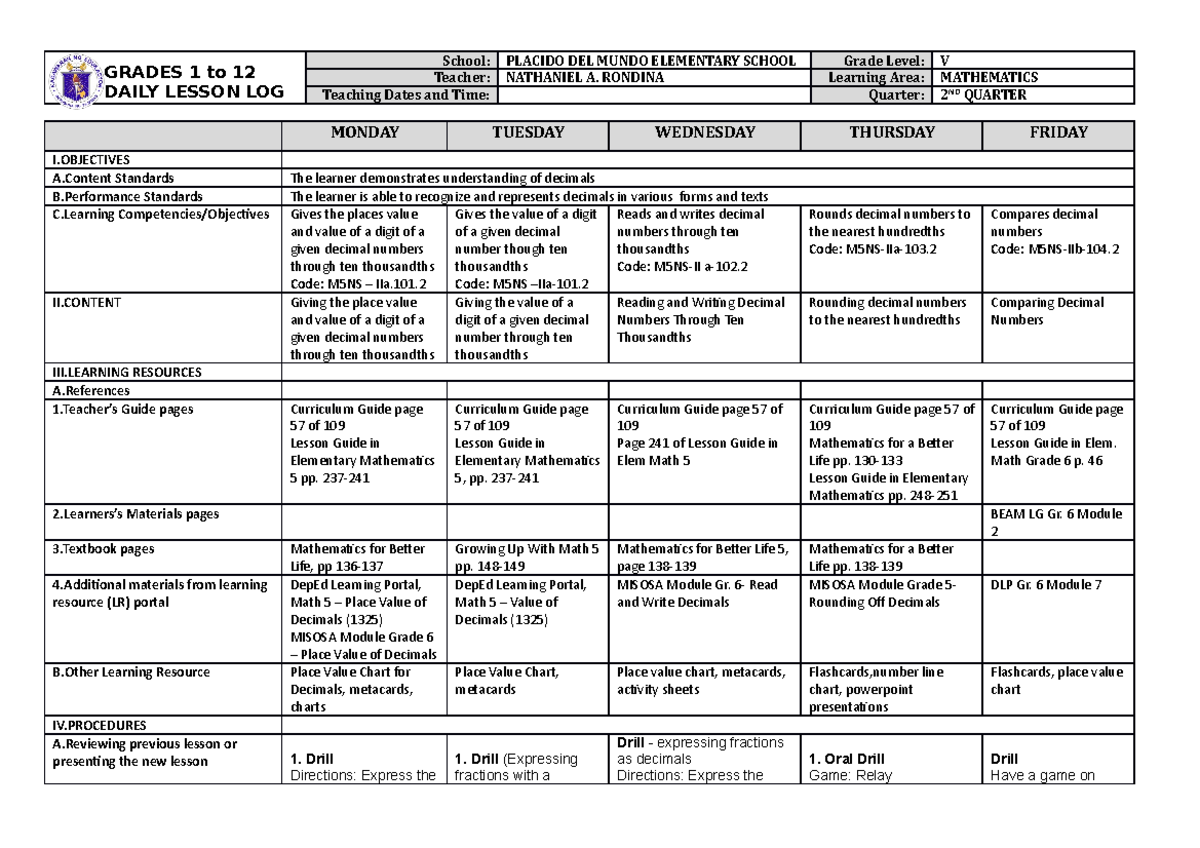 Math DLL Week 1 2nd Q - NONE - GRADES 1 to 12 DAILY LESSON LOG School ...