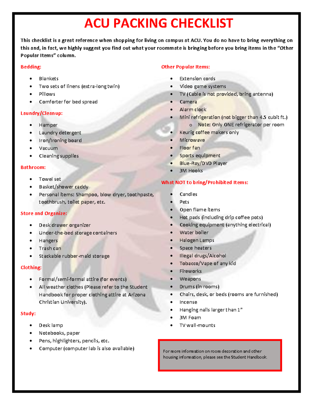 Res-Life-Packing-List- (005) - ACU PACKING CHECKLIST This checklist is ...