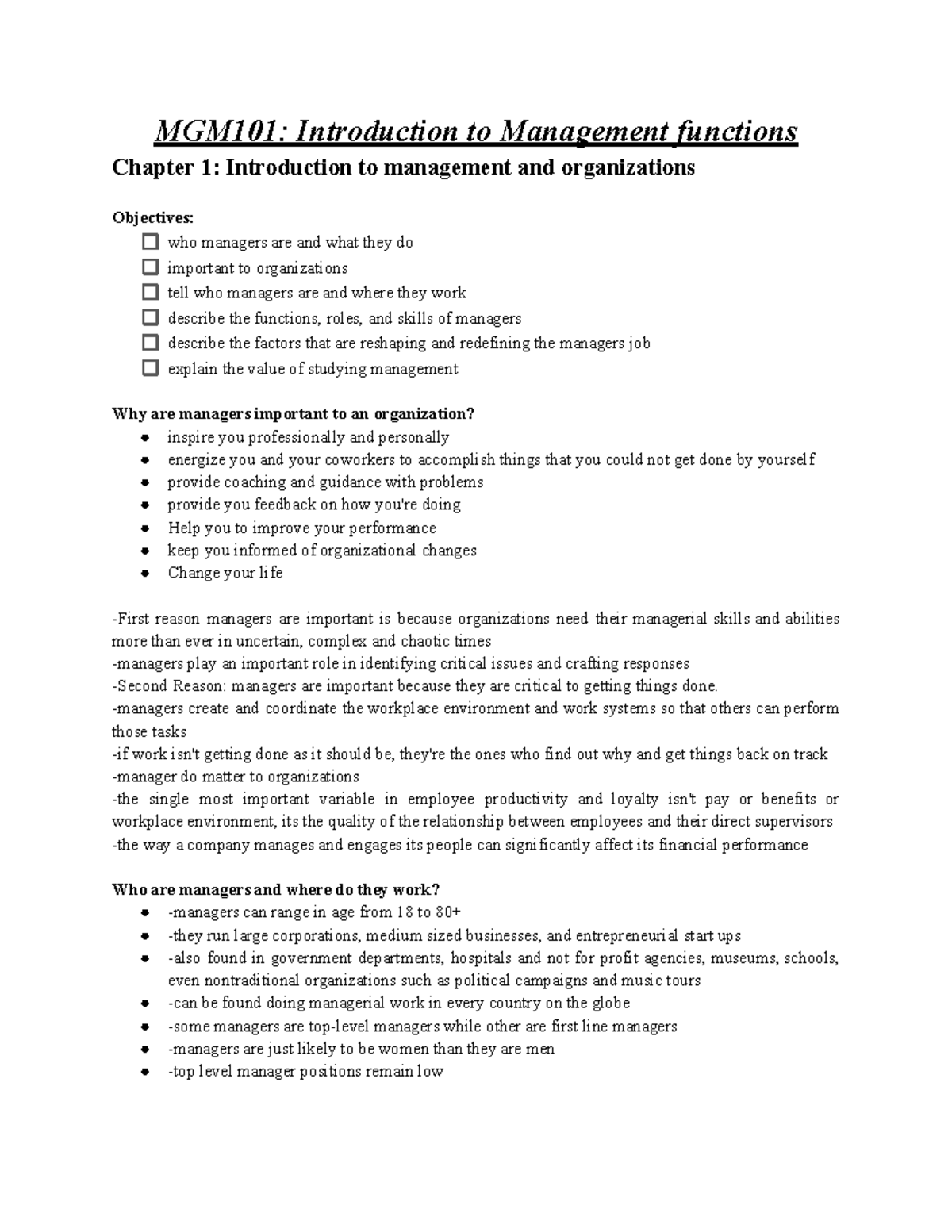 Copy of Management notes - MGM101: Introduction to Management functions ...