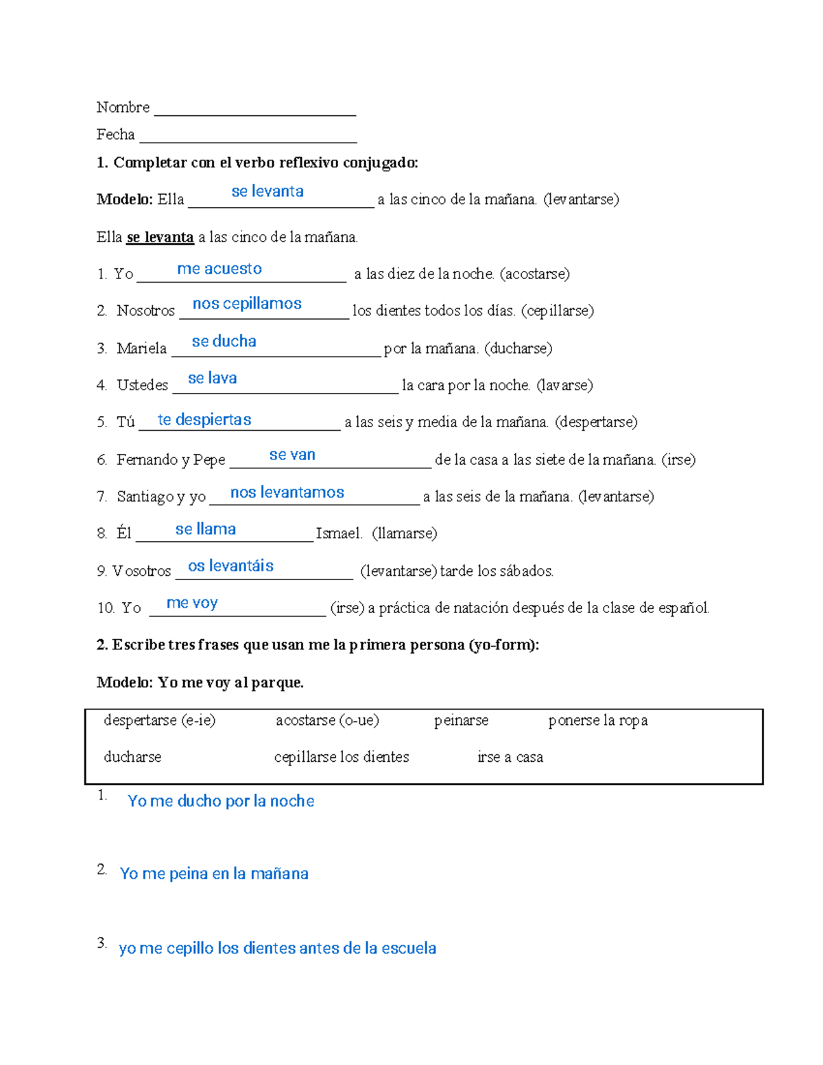 Verbos reflexivos conjugación práctica #1 - Nombre ...