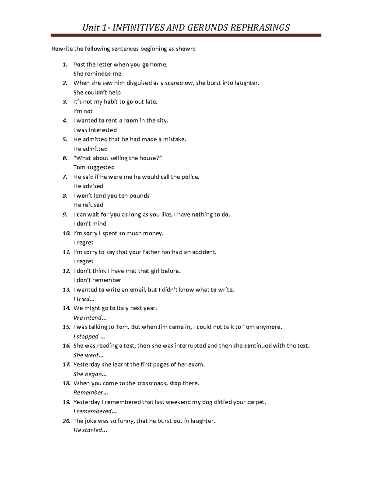 Infinitive-Gerund- Rephrasings - Unit 1- INFINITIVES AND GERUNDS ...