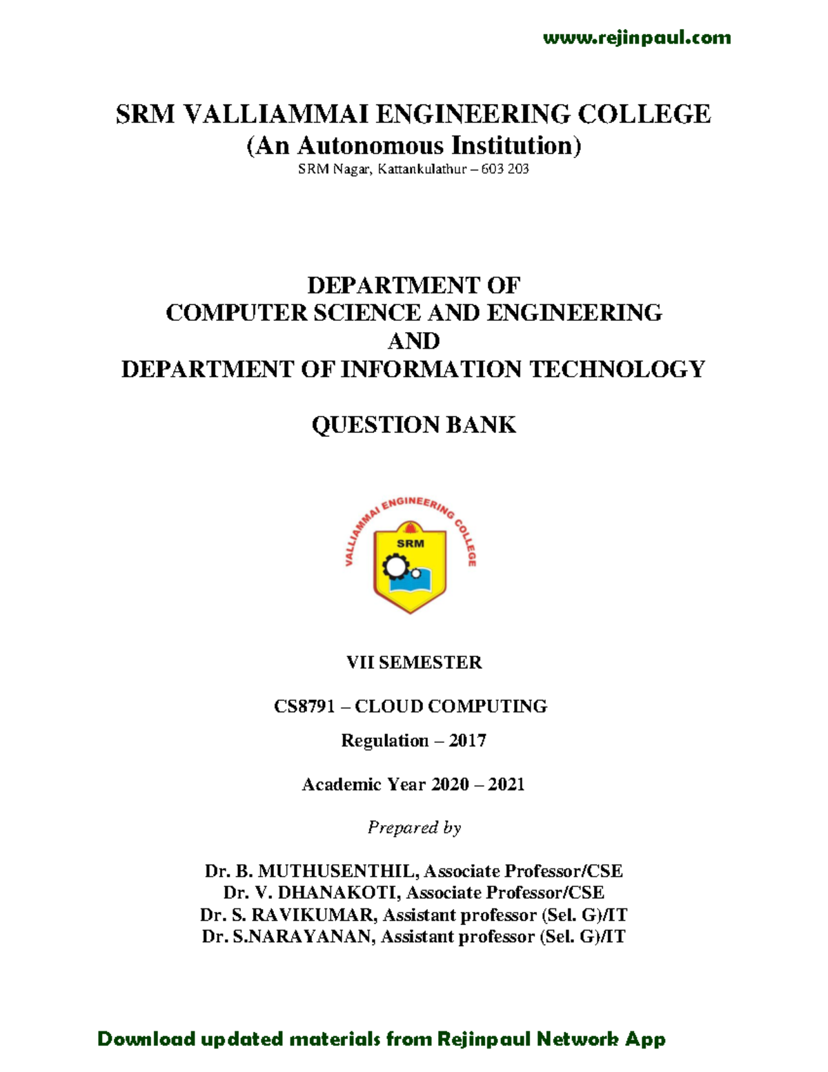 Cs8791 Cloud Computing Srm Valliammai Engineering College An Autonomous Institution Srm