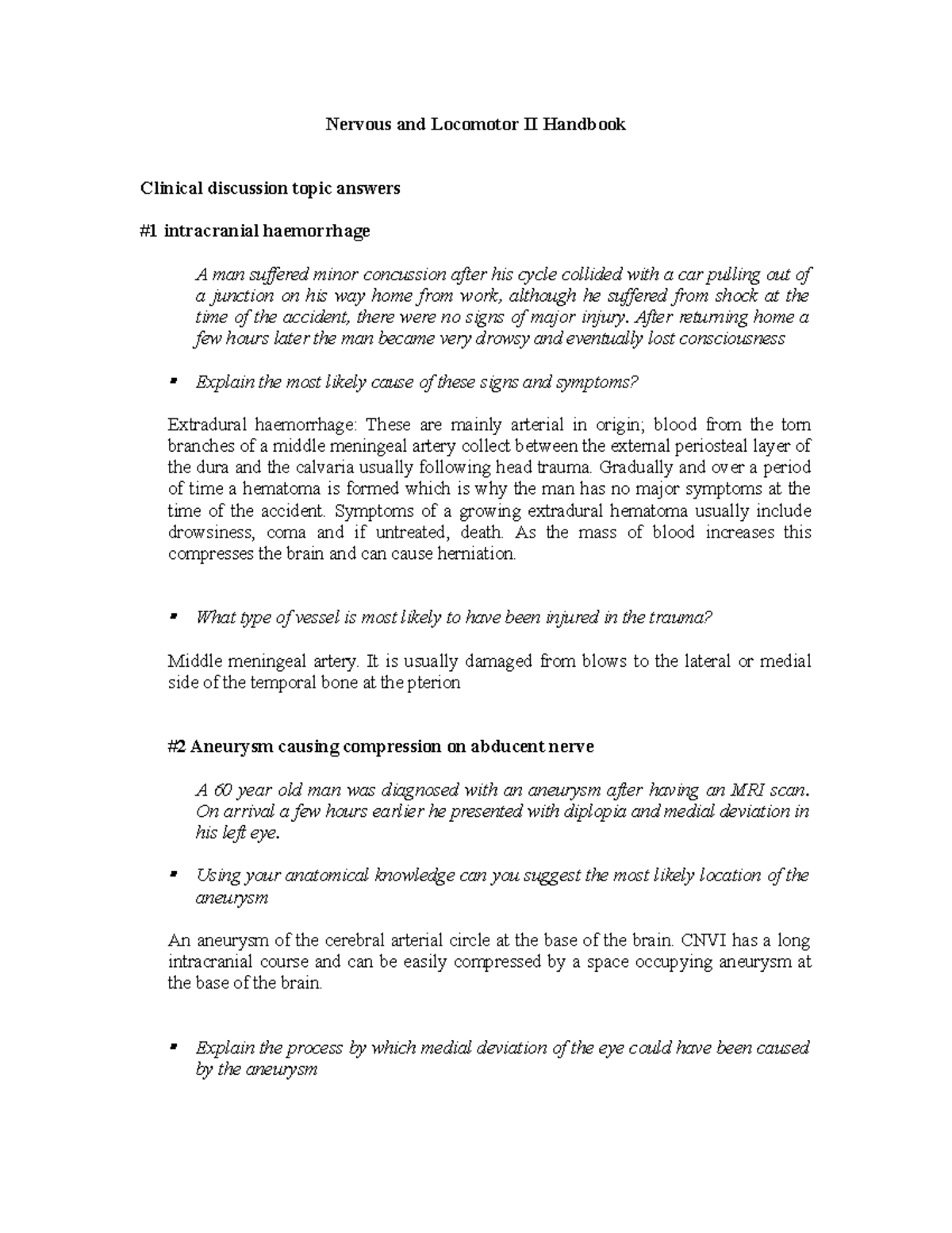 Clinical discussion topic answers - Nervous and Locomotor II Handbook ...