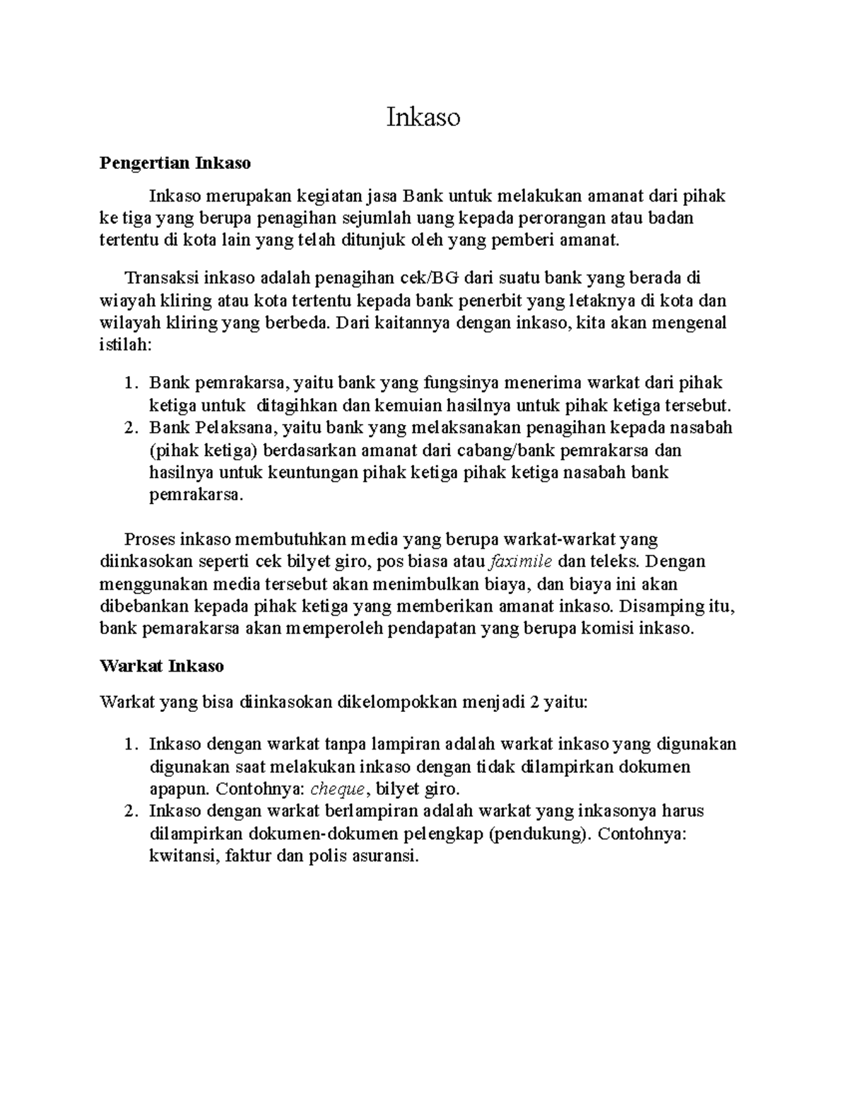 Inkaso - Inkaso Pengertian Inkaso Inkaso merupakan kegiatan jasa Bank ...
