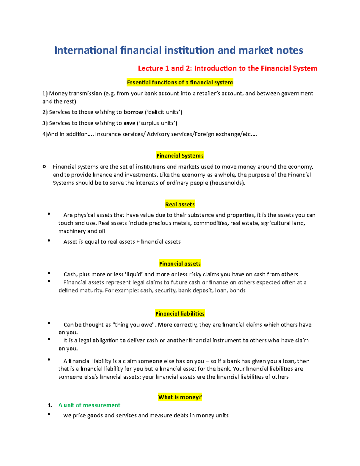 Introduction to International Financial Institution and Market - Studocu