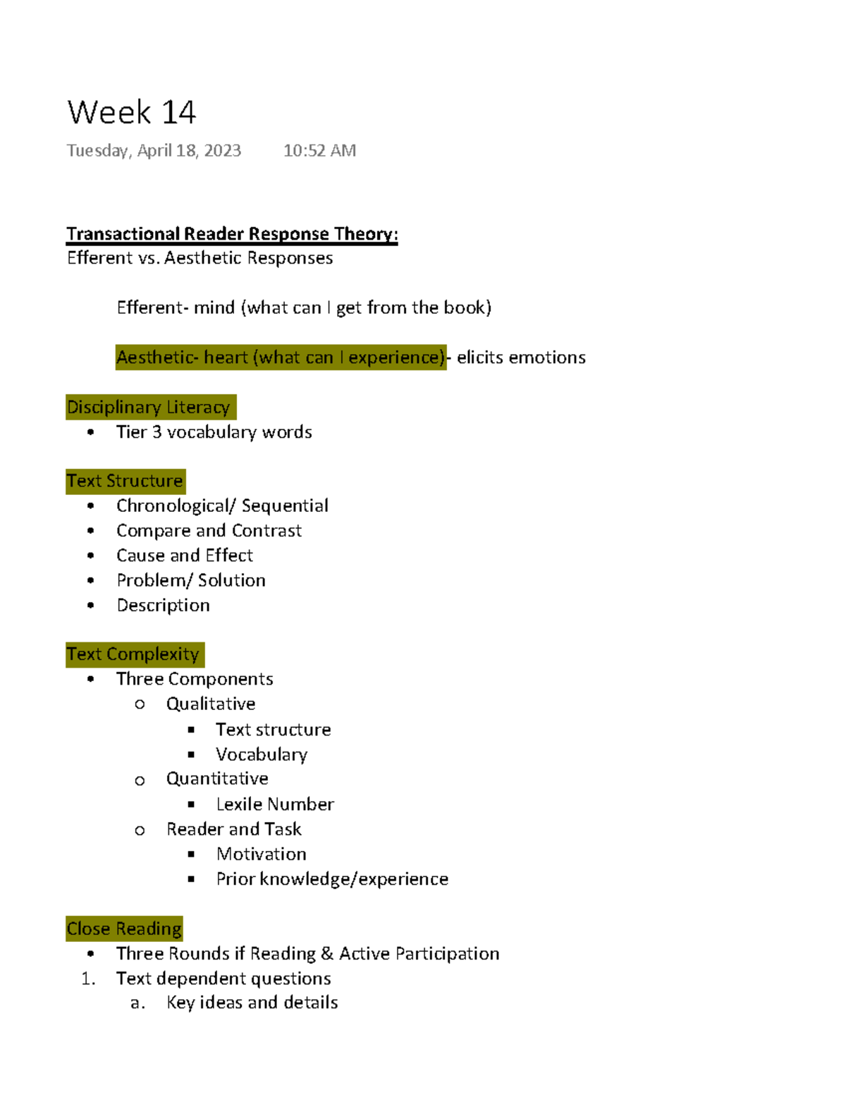 Week 14 - These are class and assigned reading notes from week 14 of ...